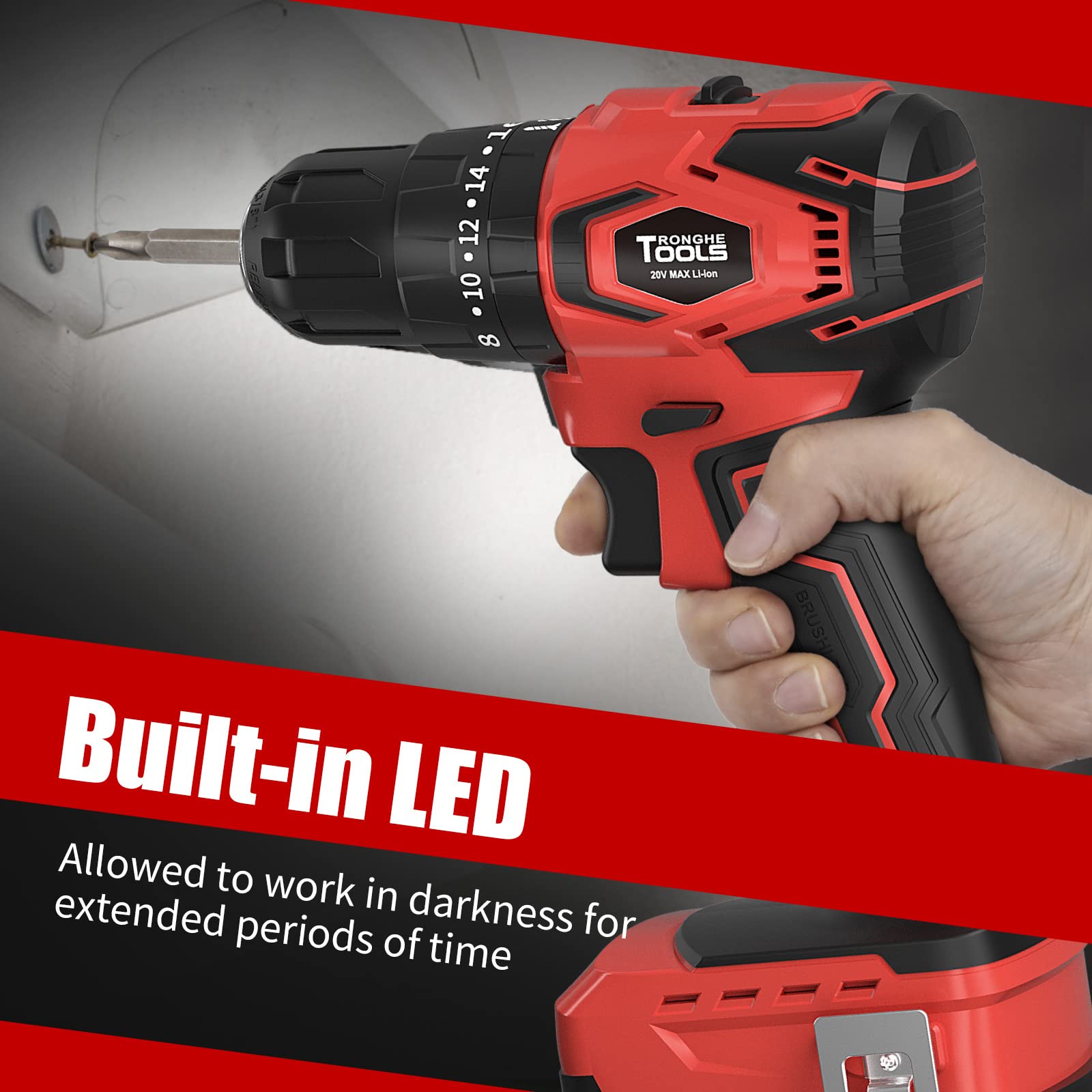 Ronghe 20V Brushless Cordless Drill, Max torque 442 In-lbs,20+3 Torque setting 3/8โ Automatic Chuck, equiped with 34 pcs Drill bit set, Battery and Fast charger for Home improvement & DIY project