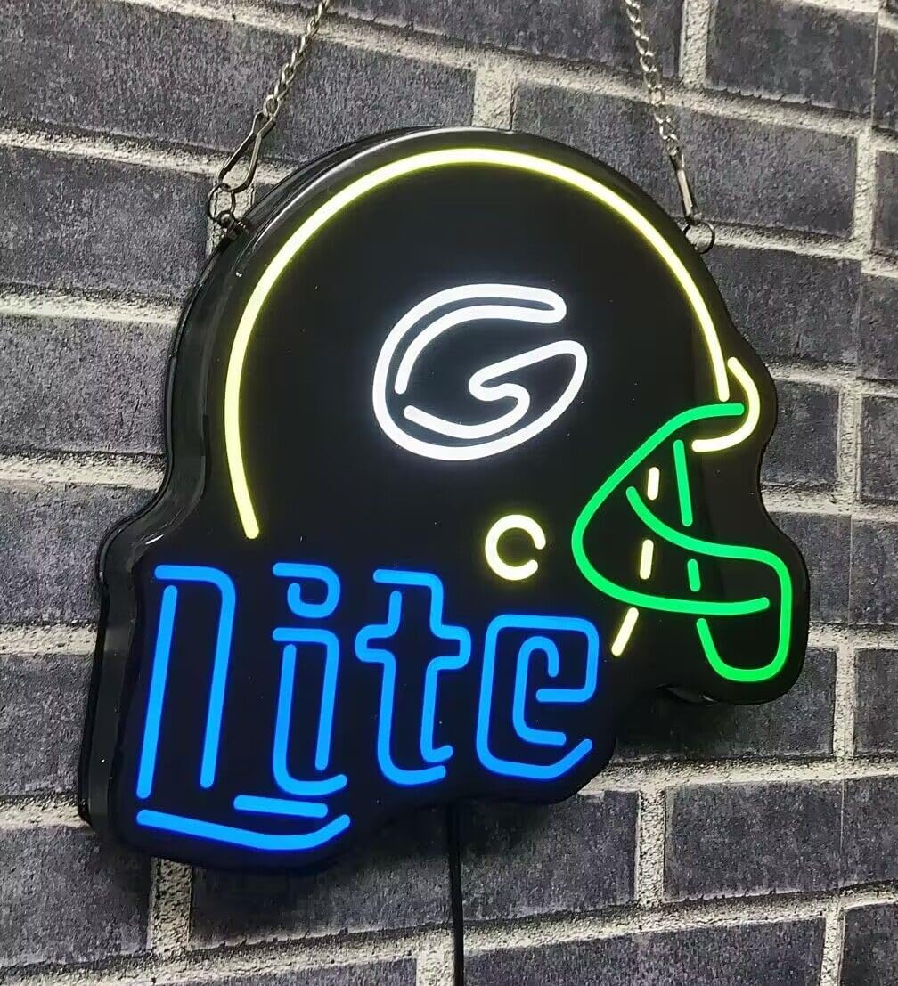 Queen Sense 10" Vivid Millers Lite Green Bays Sports Team Packer Helmet LED Sign Light Lamp Cute Bright Neon Wall Decor STS178