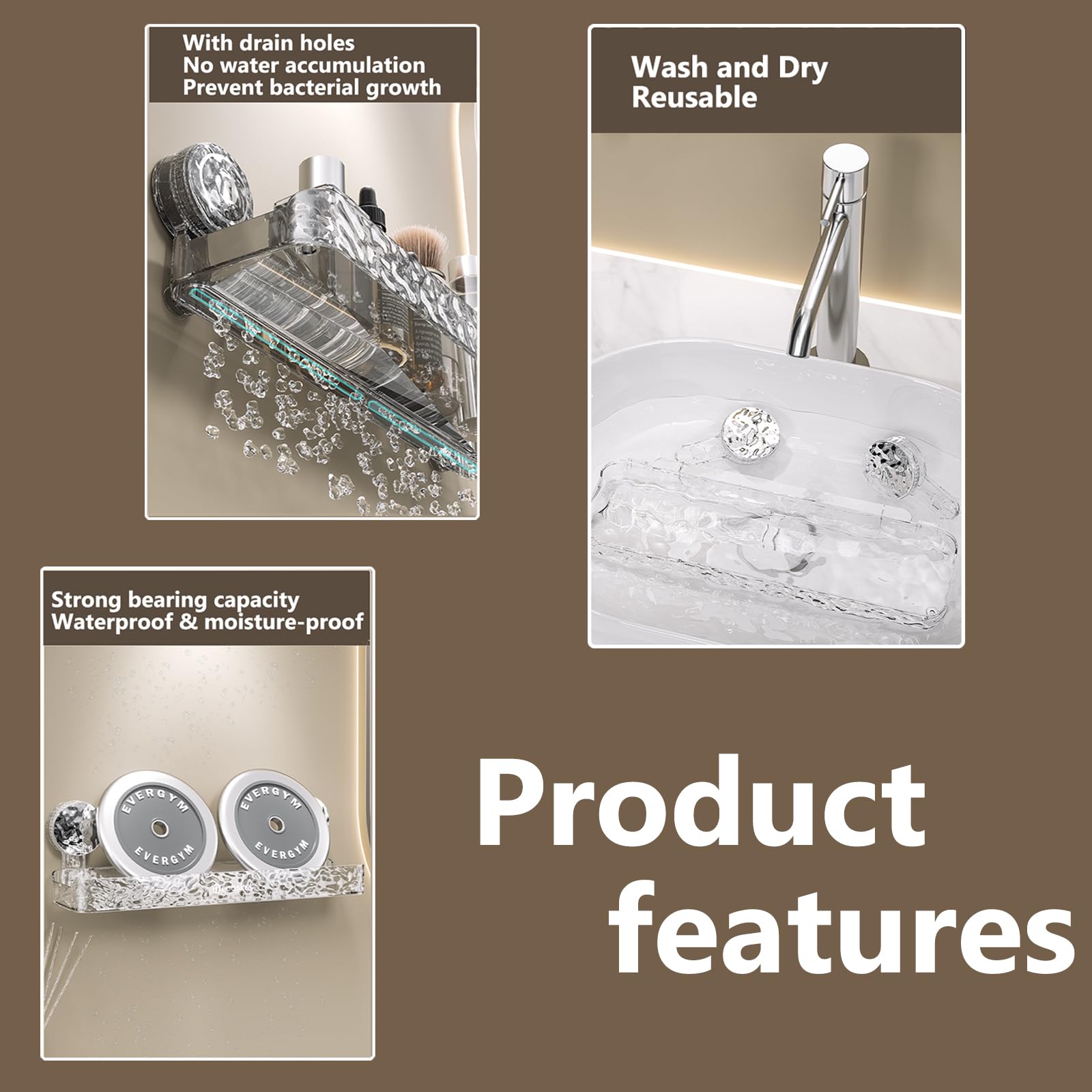 Shower Caddy Storage Rack without Drilling, Clear Shower Shelf with Suction cup, Wall Mounted Shower Rack, Shower Organizer - light luxury style glacier pattern Storage Caddy - Bathroom, Kitchen, room