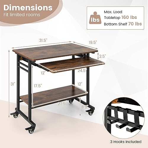 Tangkula Rolling Computer Desk Cart with Keyboard Tray, Mobile Portable Laptop PC Desk with CPU Stand & 3 Hooks for Sofa & Bed, Industrial Small Desk on Wheels for Small Spaces, Home Office Desk