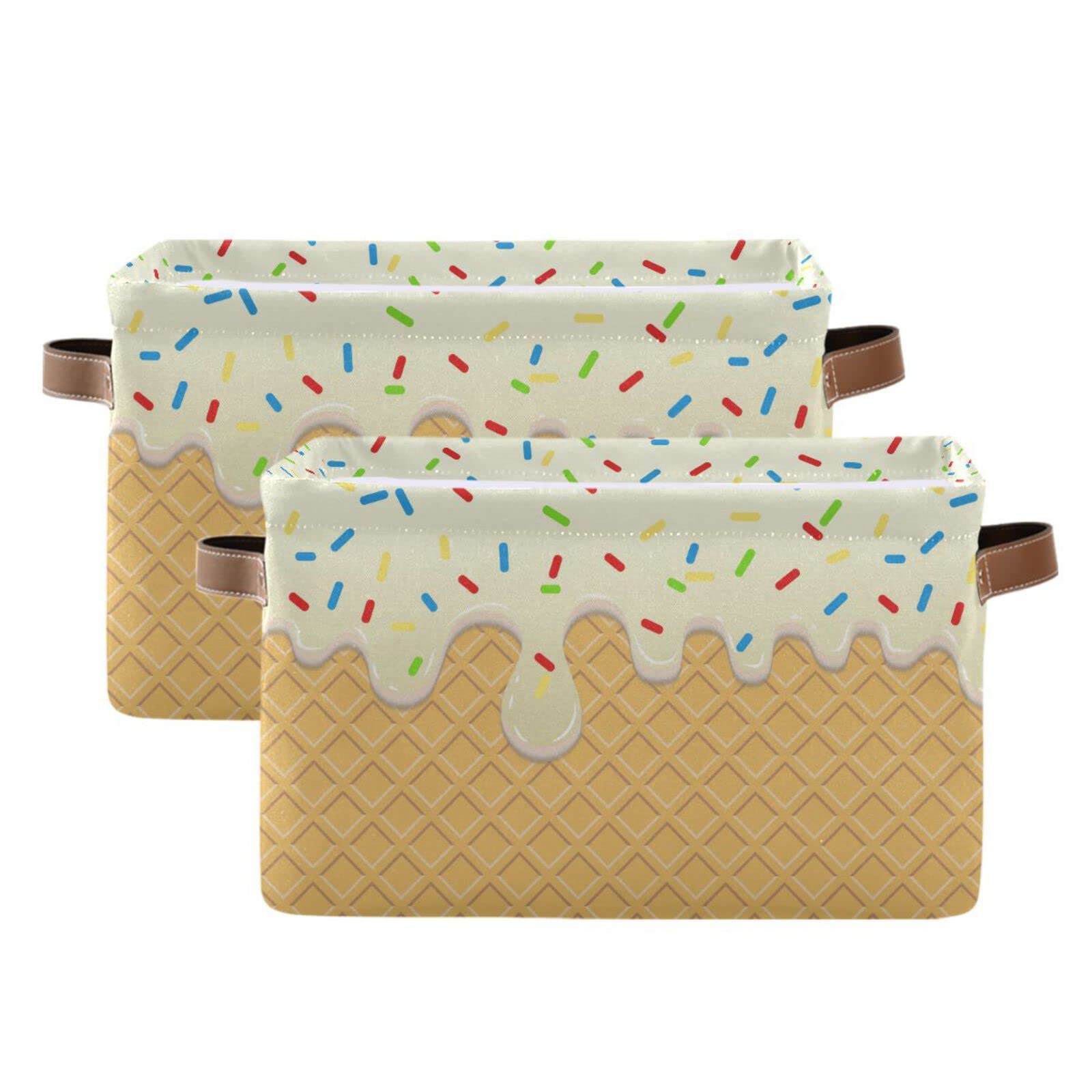 Kigai Ice Cream Texture Storage Bins for Shelves, Storage Basket with Double Handle, Foldable Storage Cubes with Metal Frame, Rectangular Closet Organizer Containers for Home Bedroom