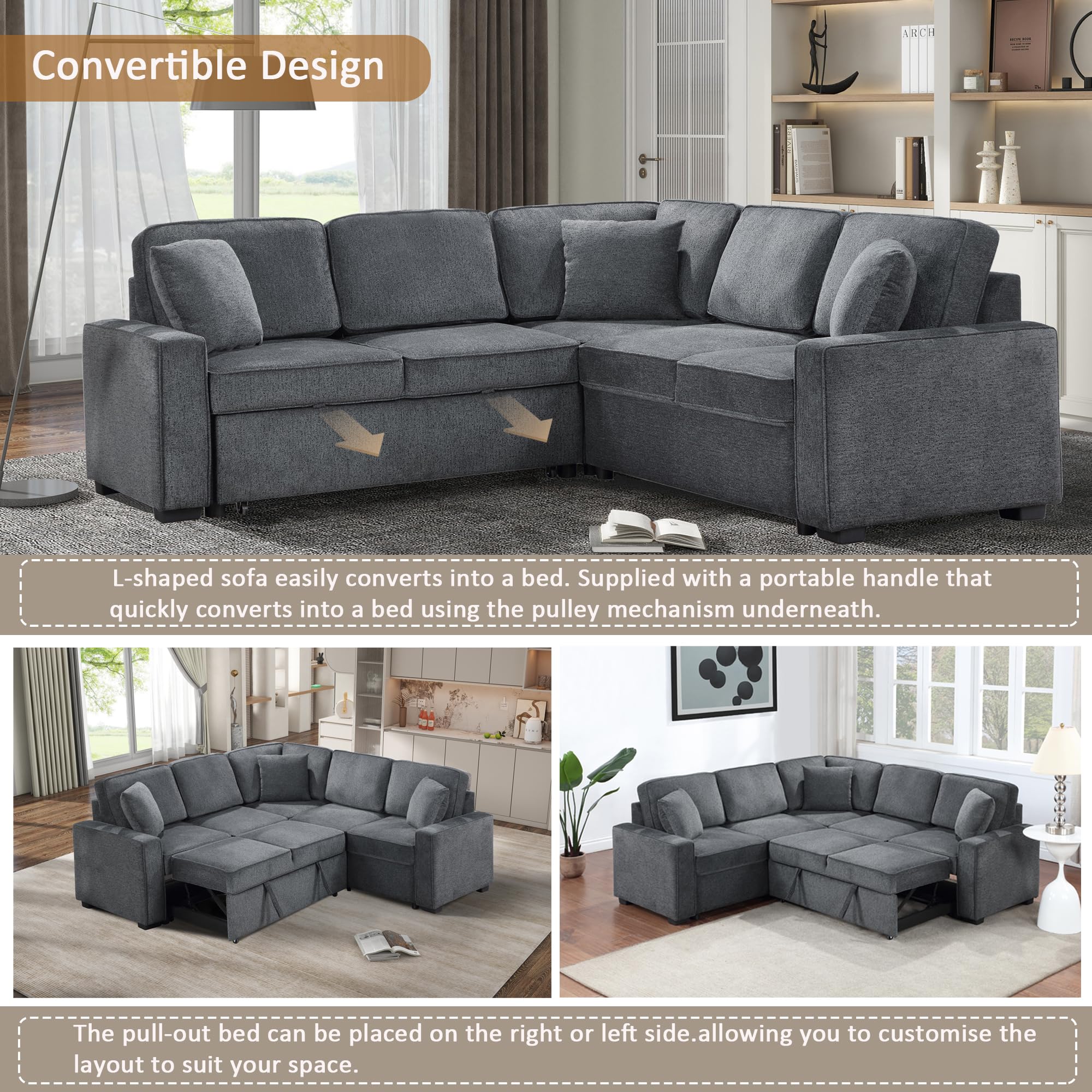THSUPER 82'' Chenille L-Shaped Sleeper Sectional Sofa with Pull-Out Bed & Reversible Convertible Feature for Living Room, 5-Seater with 3 Pillows Included. Dark Grey