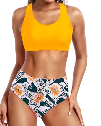 Holipick Women High Waisted Two Piece Bikini Sports Crop Top Swimsuit Scoop Neck Bathing Suit for Teen Girls with Bottom Yellow Floral