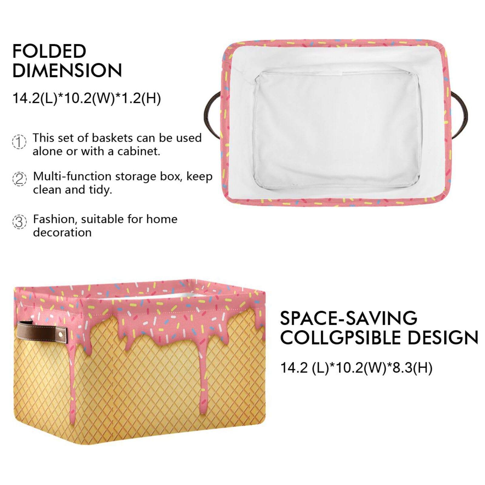 Kigai Ice Cream Cone Storage Basket 1pc, Large Collapsible Toys Clothes Organizer, Durable Canvas Storage Bin with Handle for Shelves Closet Laundry Home Office Decor
