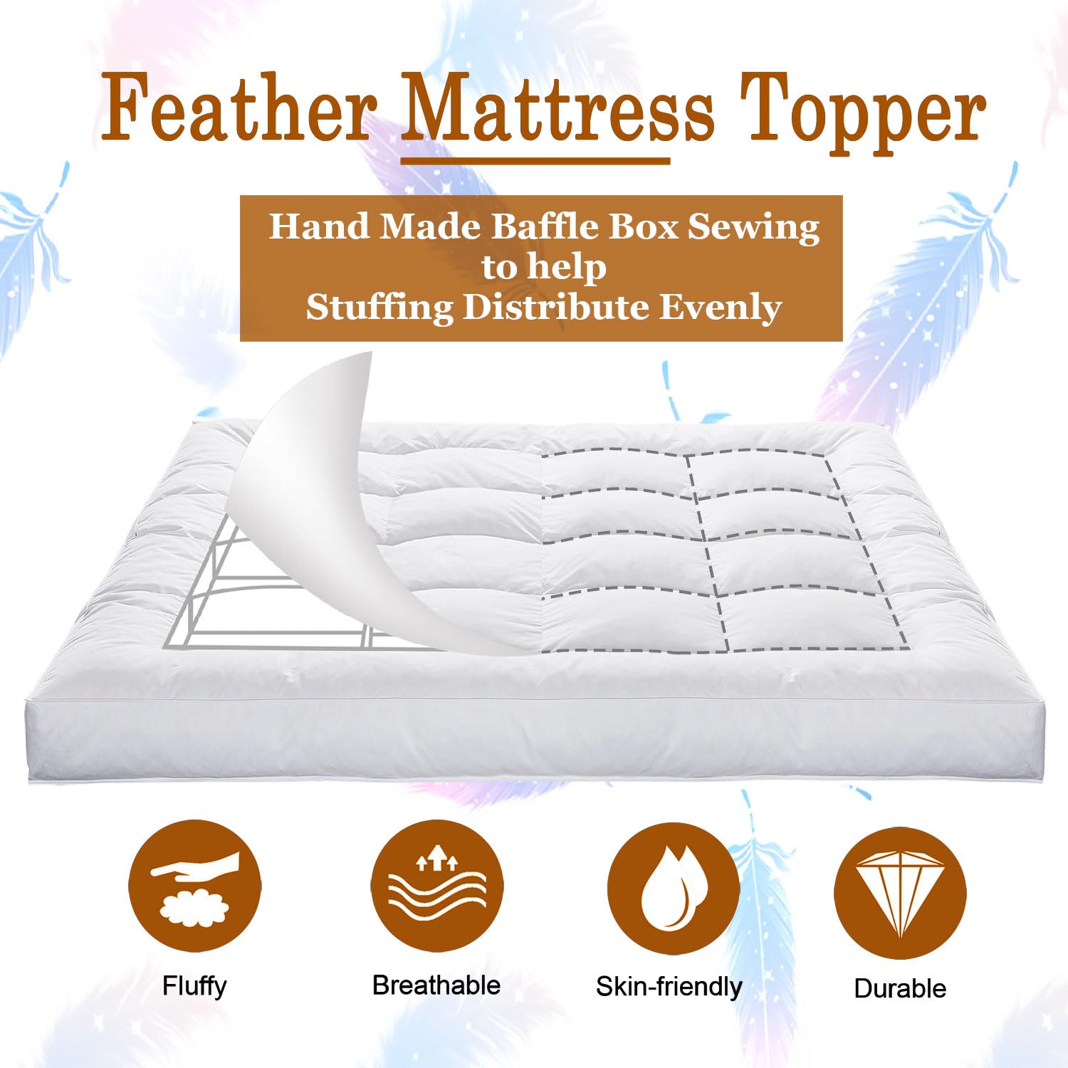 WhatsBedding 5 Inch Duck Feather Bed Mattress Topper Queen Size, 100% Thickened Cotton, 2500 GSM Overfilled Pillow Top, 60x80 in, White Plaid