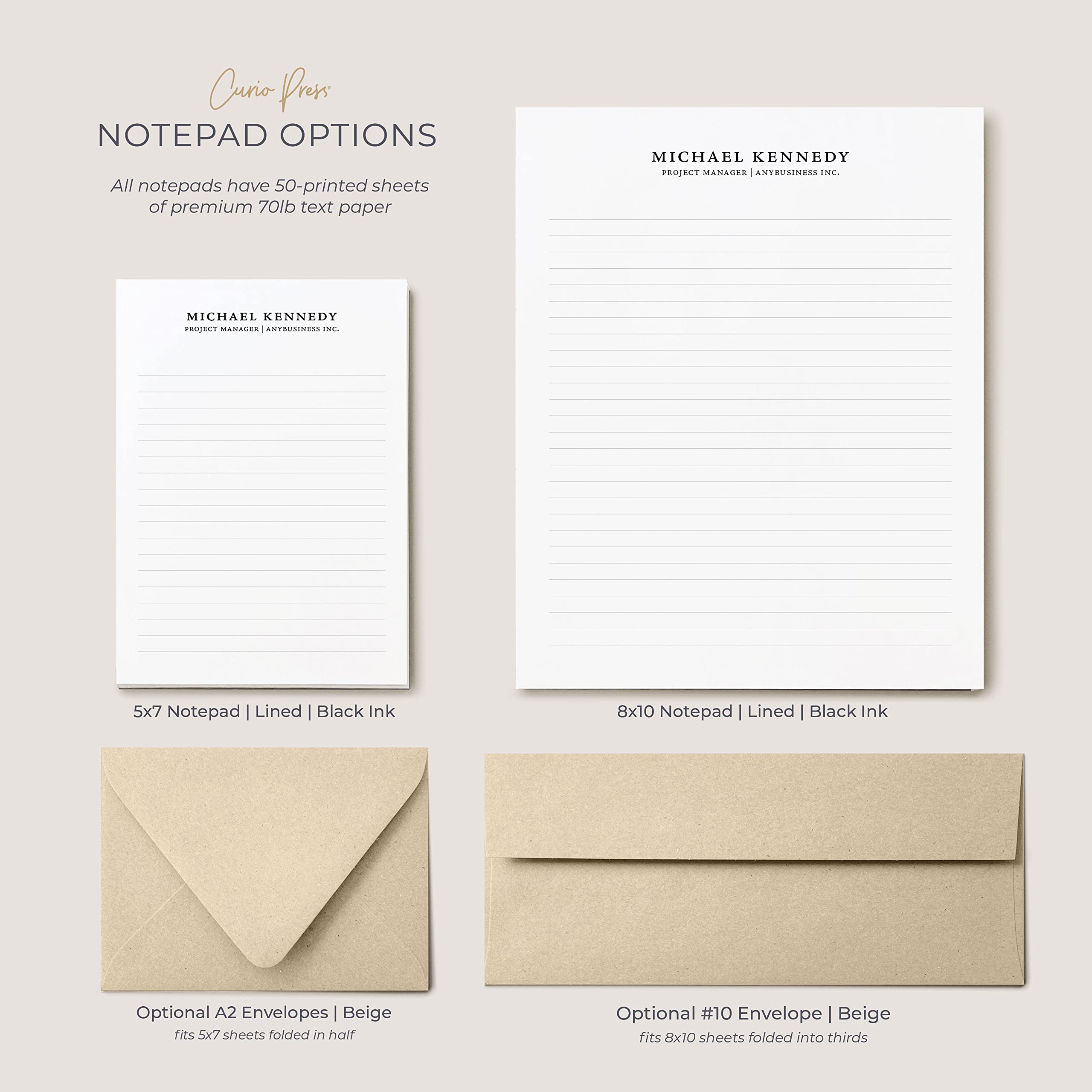 Traditional Personalized Notepads - Small Notepad 5x7 w/ 50 Printed Sheets β Professional Personalized Stationery β Simple & Classy Desk Supplies β Customizable up to 8x10β- Simplicity Notepad