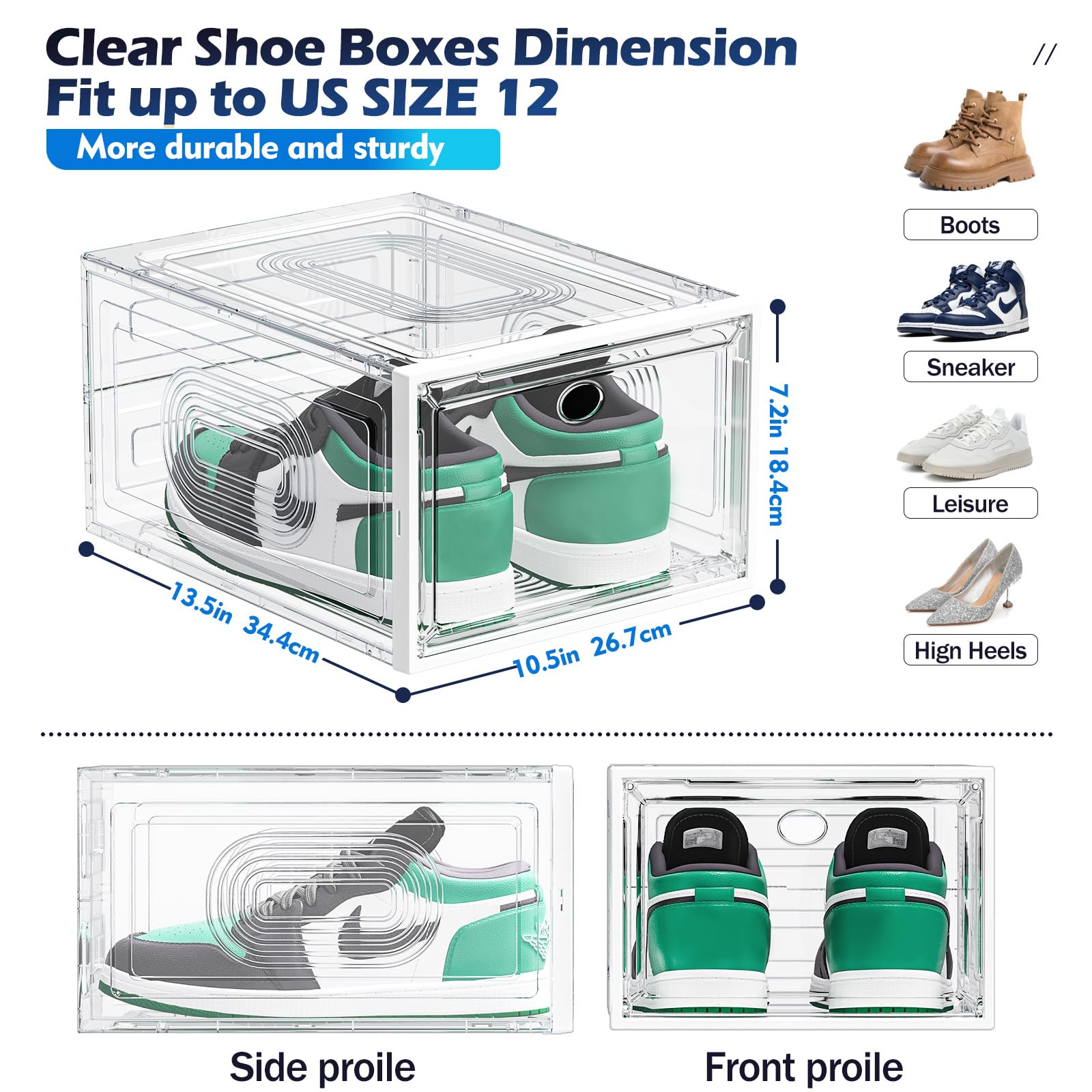 YFXCVSL 8 Pack Thicken Shoe Organizer - Upgrade Sturdy Shoe Boxes Stackable Shoe Storage Containers with Magnetic Door, Thicken Sneaker Storage Fit up to US Size 12,White