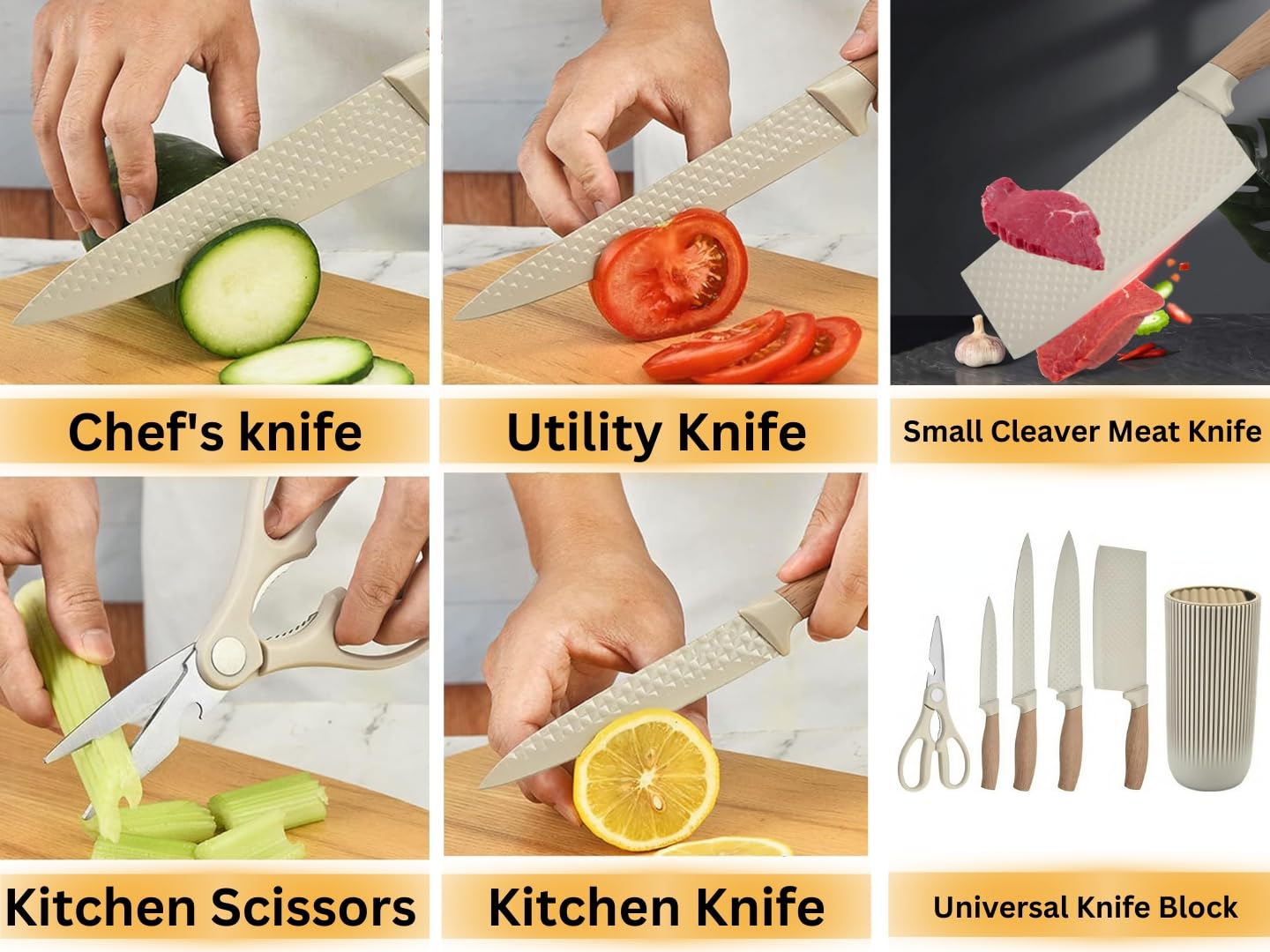 TheTJShop Kitchen Knife Set, TheTJShop 6-Piece Ultra Sharp Kitchen Knife Set with Khaki Block - Professional Anti-Rust Stainless Steel Chef Knifes for Home & Kitchen | Khaki |, 12*12*25cm
