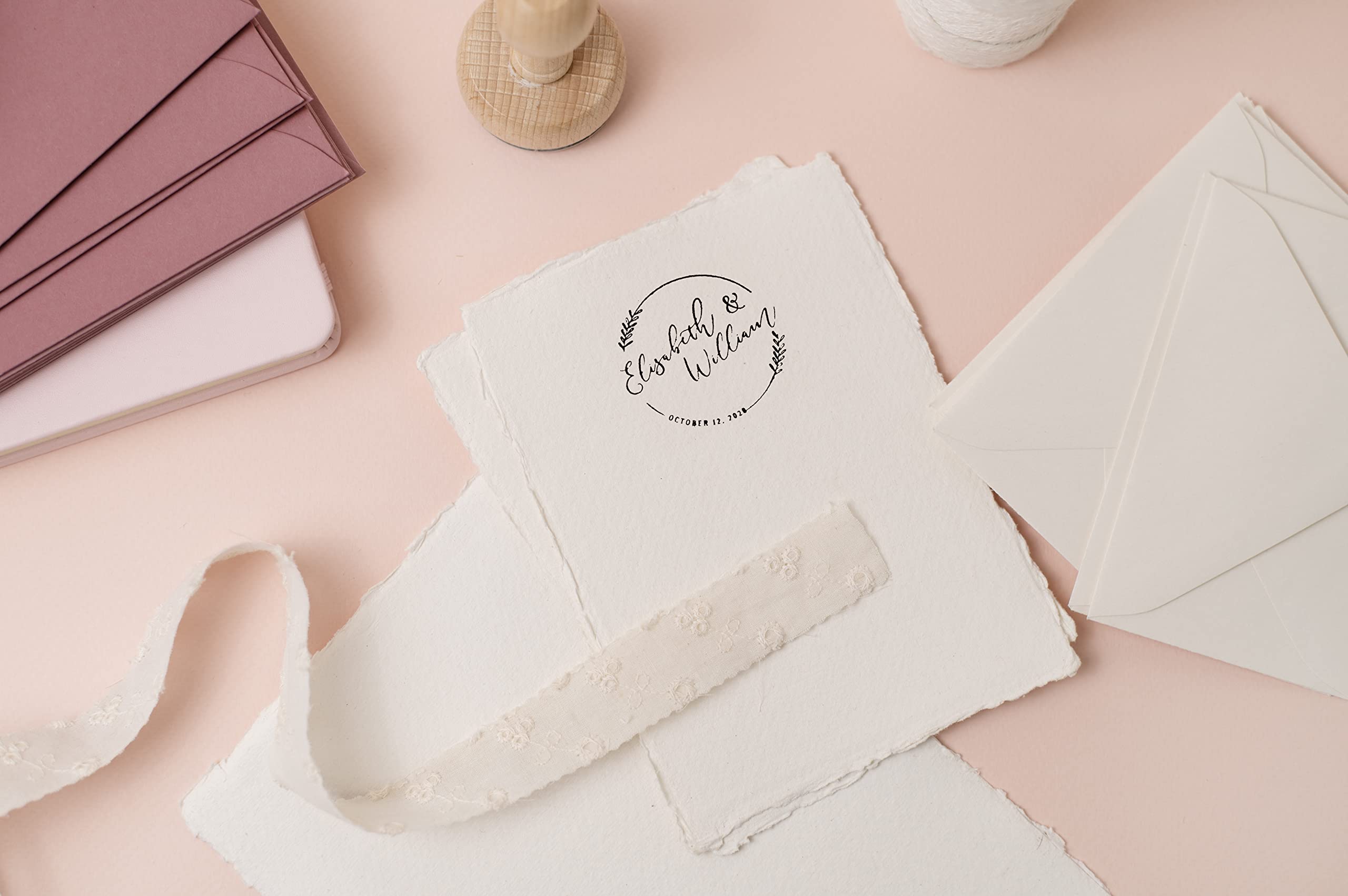 Stamp by Me | Custom Wedding Stamp | Wedding Stamp | Personalized Stamp | 12 Exclusive Designs | Wooden Stamp | Ideal for Envelopes and Wedding Invitations | Names and Date | Circular Flower Wreath
