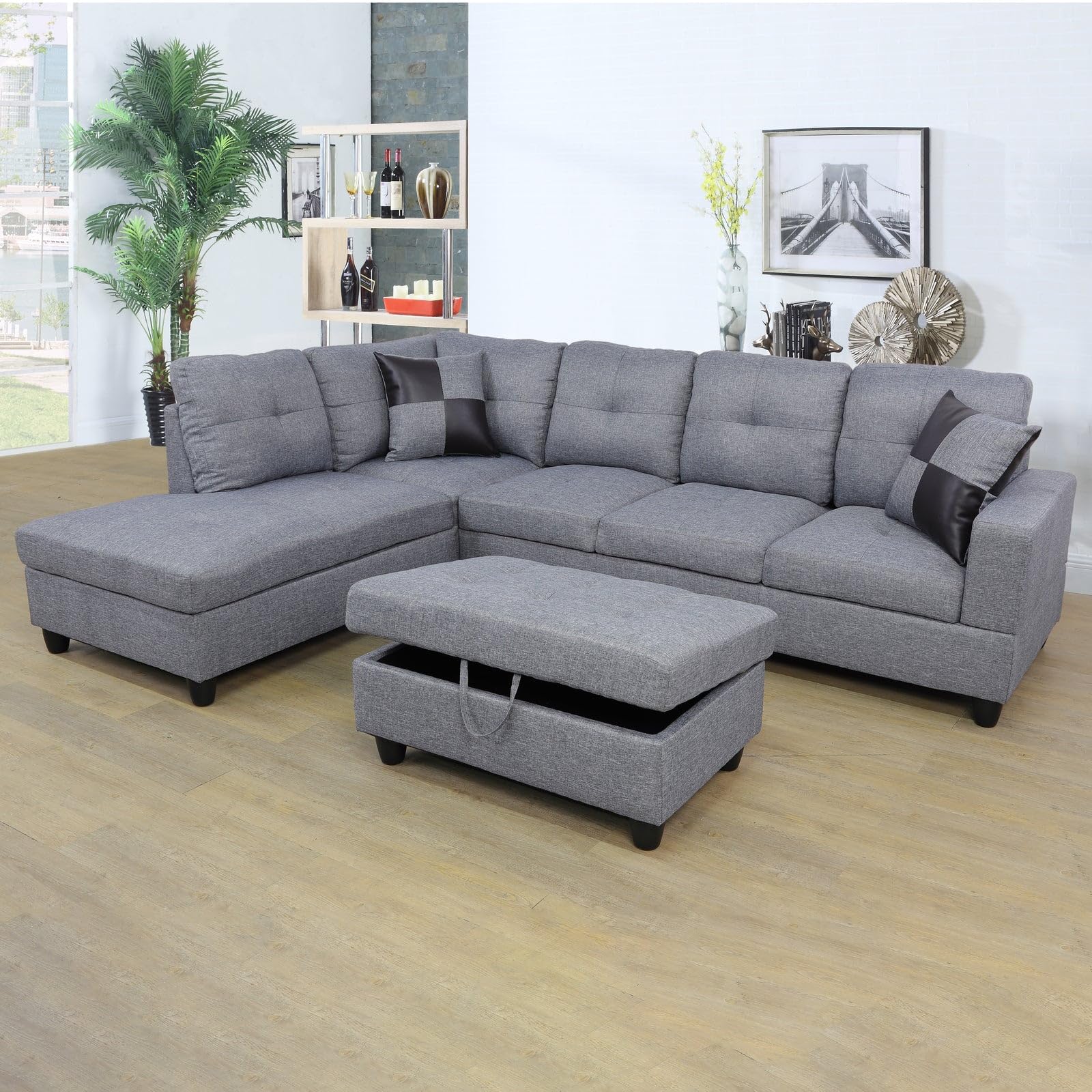 TABBC 103 Inch Modern L Shaped Sectional Sofa Set with Storage Ottoman, Left Facing Chaise Longue, Reversible Backrest w/ 2 Cup Holders, Linen Tufted Cushions, for Living Room, Grey