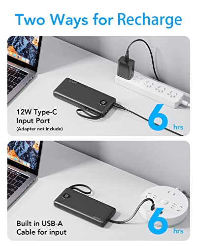 VRURC Portable Charger with Built in Cables, 10000mAh Ultra Slim USB C Power Bank,5 Output 2 Input LED Display External Battery Pack Phone Charger Compatible with Smart Devices and Cell Phones-Black
