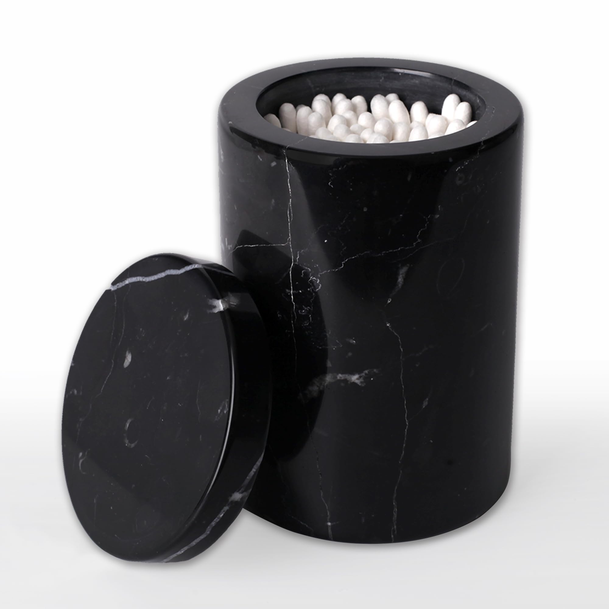 WORHE Bathroom Makeup Organizer Natural Marble Canister Cotton Swab Container with Lid Bathroom Vanity Organizer Canister for Makeup Sponge Bath Salts Storage For You Home Decoration Black (WH016)