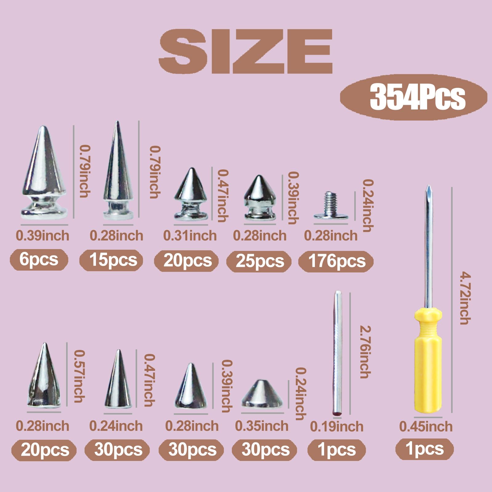 XKCWXY 354 Sets Punk Spikes and Studs Kit,8 Sizes Cone Spikes,Metal Tree Spikes Studs for Leathercraft and Punk Style Clothing Accessories DIY Craft Decoration