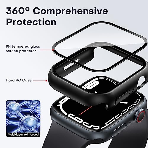 TAURI 2 Pack Hard Case Designed for Apple Watch Series 9 (2023) Series 8/7 41mm, [HD Clear] Built-in 9H Tempered Glass Screen Protector, [Full Protection] Slim Cover for iWatch S9/S8/S7 41mm - Black