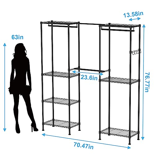 VyGrow Clothes Rack for Hanging Clothes, Adjustable Heavy Duty Clothing Rack with 4 Hang Rods & 7 Shelves, Load 800LBS, 70.47" L x 13.58" W x 76.77" H, Black