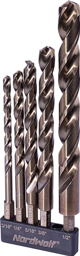 NordWolf 5-Piece M35 Cobalt Drill Bit Set for Stainless Steel, Hard Metals & Cast Iron, Jobber Length with 1/4" Hex Shank, SAE Sizes 3/16"-1/4"-5/16"-3/8"-1/2"