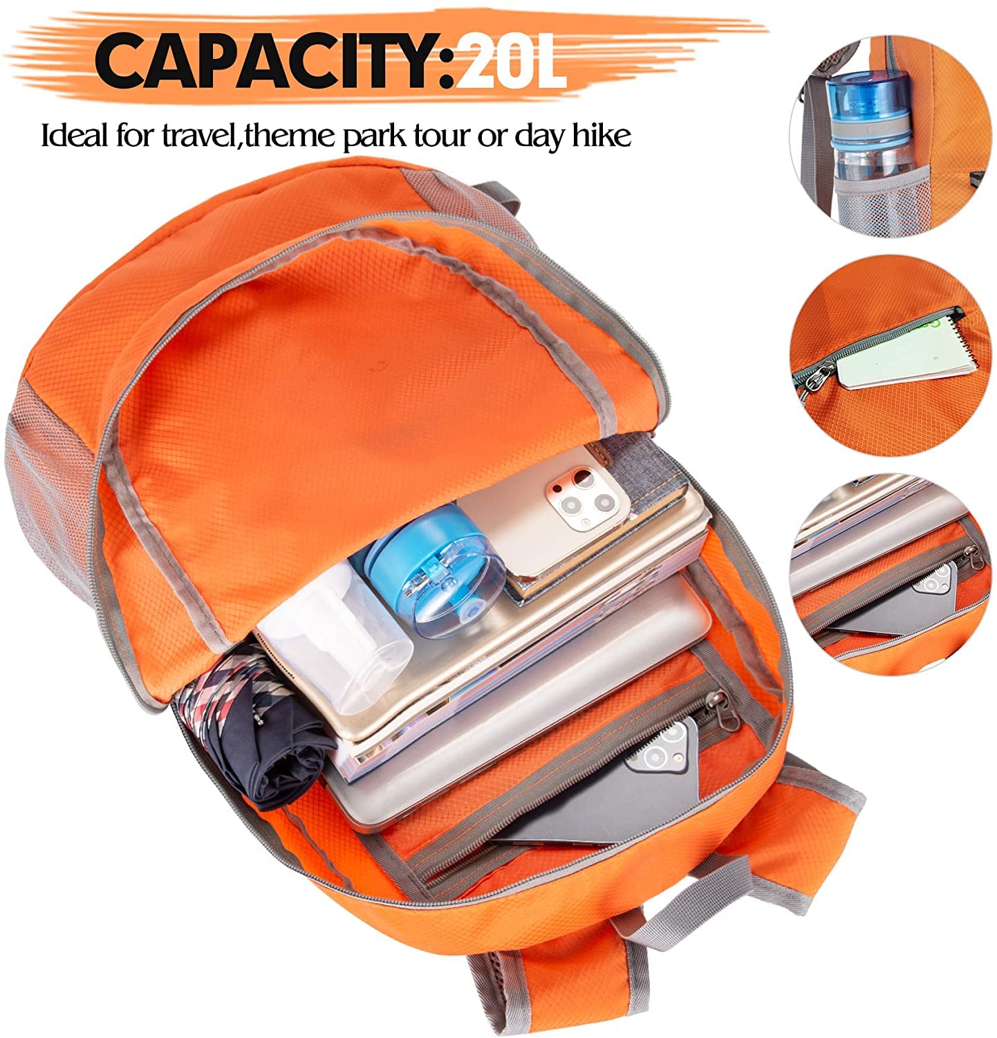 MICROSEVEN Ultra Lightweight Hiking Backpack - Water Resistant Small Backpack Packable Daypack for Women Men (Orange)