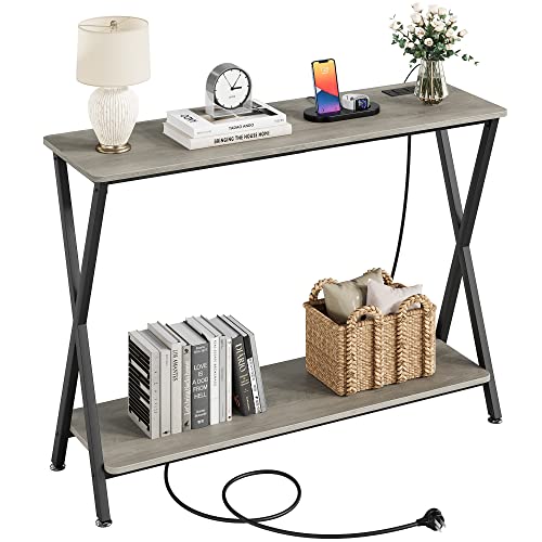 IDEALHOUSE Console Table, Sofa Tables Narrow Entryway Table with Outlet, Shelf and Metal Frame, 41.3β Behind Couch Table Industrial Hallway Table for Living Room, Foyer, Bedroom, Grey