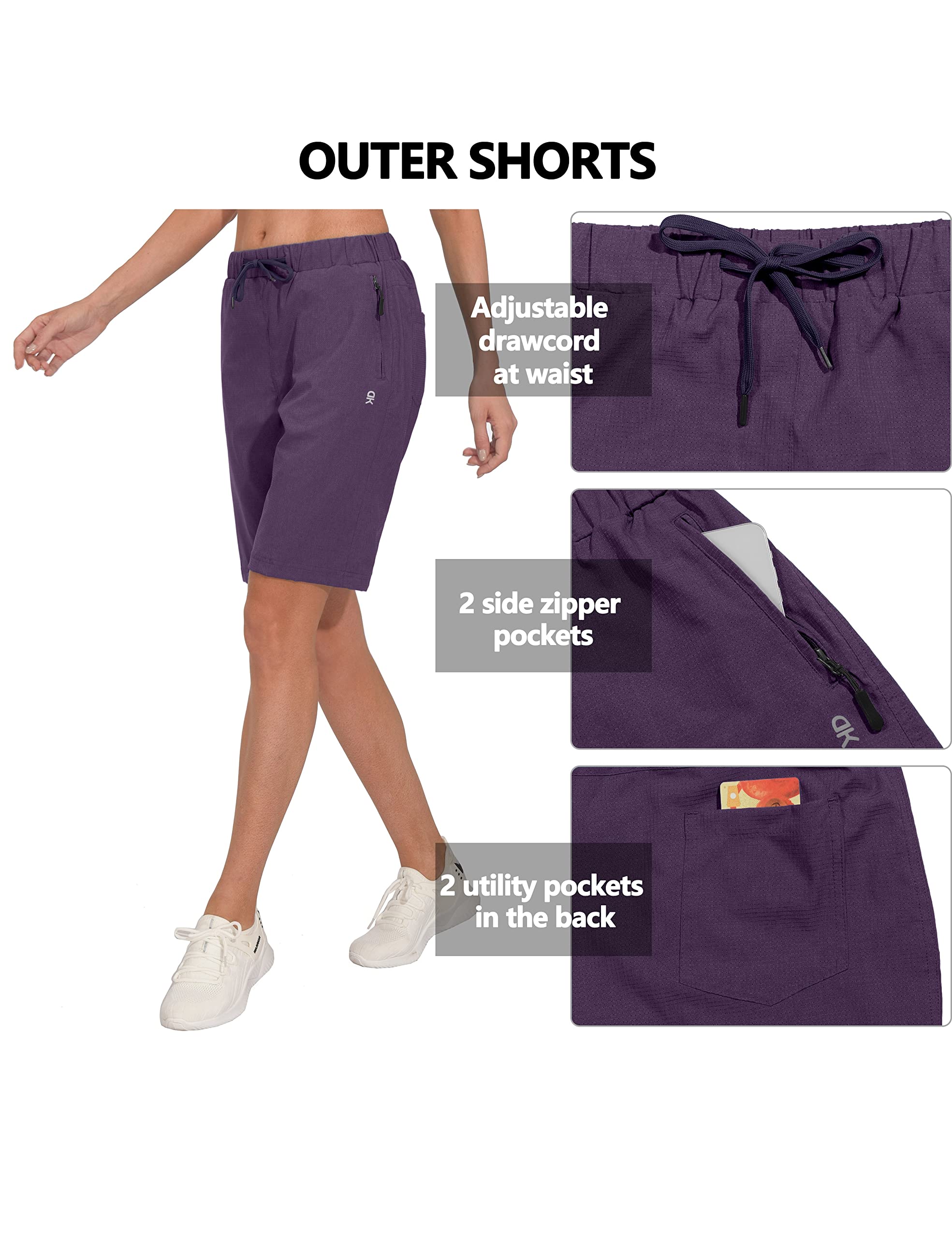 Little Donkey Andy Women's Lightweight Breathable Hiking Shorts, Quick-dry Golf Shorts with Zipper Pockets, Air-Holes Tech Purple Magic Heather L