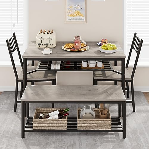IDEALHOUSE Dining Table Set for 4, Kitchen Table and 2 Chairs with Storage Bench, 47.2" Rectangular Kitchen Table Set with Wine Rack, Dining Room Table Set for Small Space, Apartment, Rustic Gray