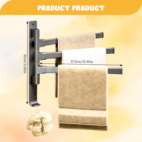 Swivel Towel Rack, 12" 3-Arm Wall Mounted Towel Rack, 180 Degree Swing Out Bathroom Towel Rack for Multiple Towels, Anti-Slip Towel Bar with Hook for Bathroom, Kitchen, Wall(Gun-Grey)