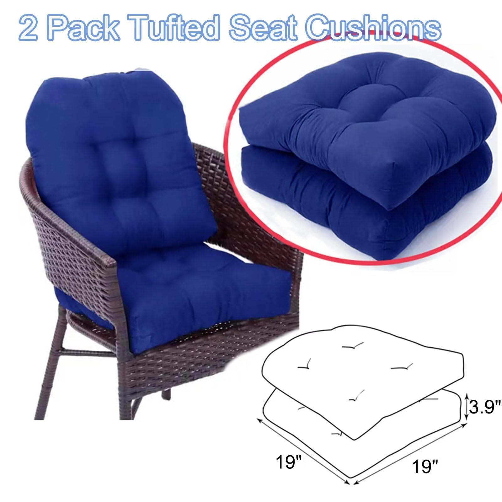 Wadser 2 Pack Seat Cushions Black, Waterproof Wicker Chair Cushions, U-Shape Tufted Chair Pads 19x19 inches for Patio Garden Chairs
