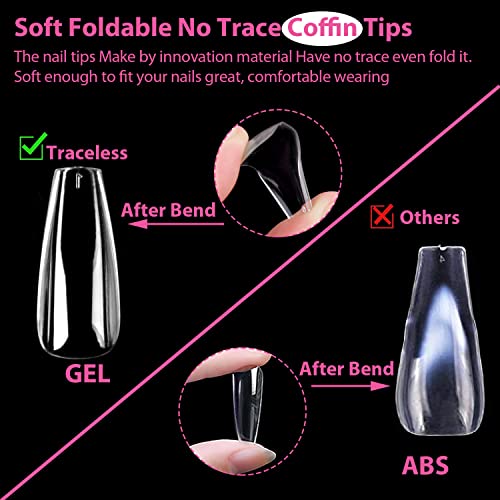 UNA GELLA Long Coffin Gel Nail Tips 216pcs 12 Sizes Clear Press on Nails Base Tips Coffin False Fake Tips Full Acrylic Nails Coffin Shaped For Nail Extension DIY Salon Soft Gel Tips