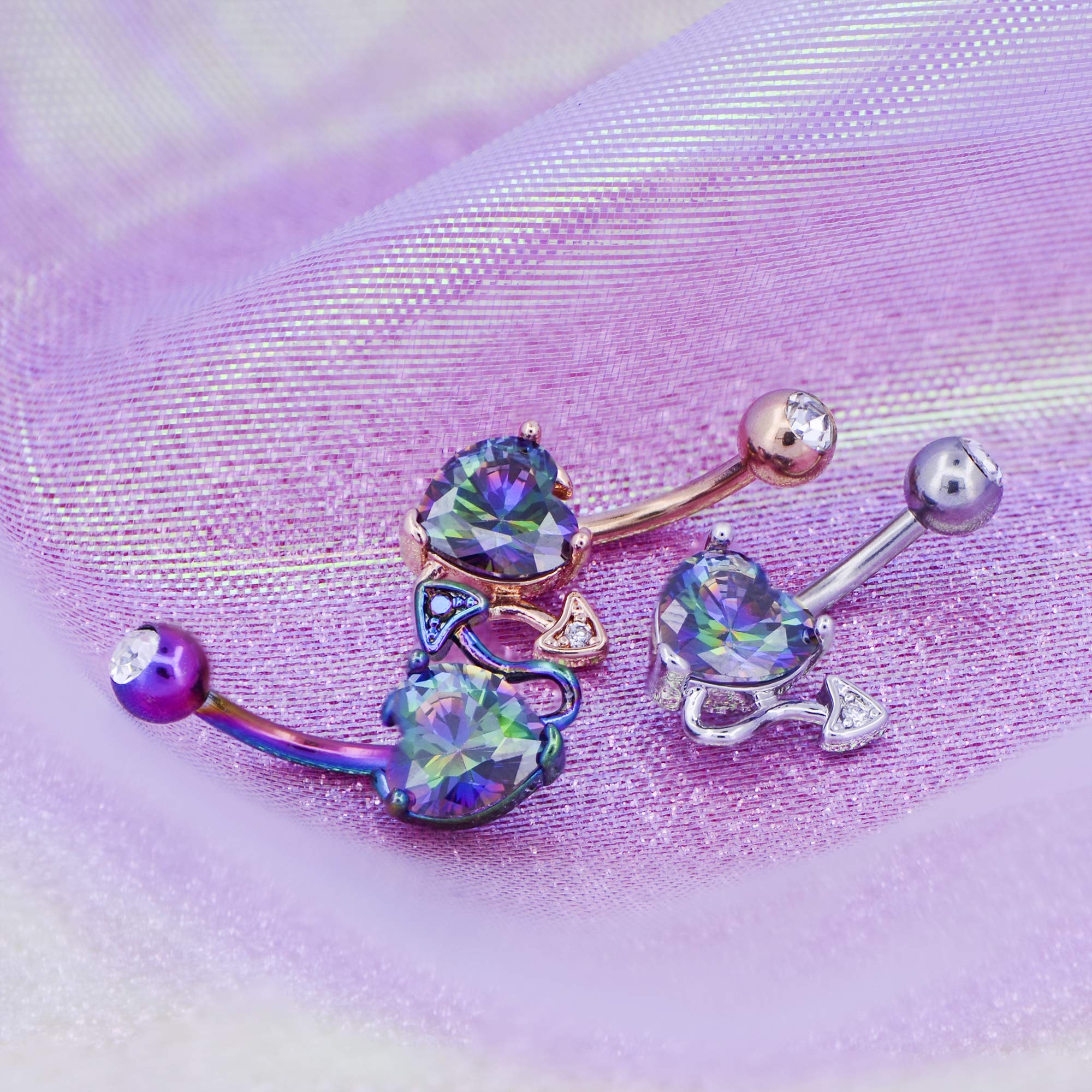 Jewseen Devil Heart Belly Button Rings 14G Surgical Steel Navel Barbells Iridescent CZ Body Piercing