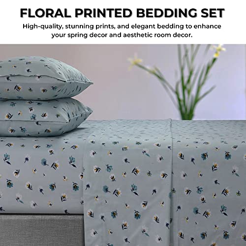 Tribeca Living Floryn 170-GSM Ultra-Soft Flannel Extra Deep Pocket Sheet Set, Oversized Flat, Queen, Light Blue (FLORYNSHEQUBL)