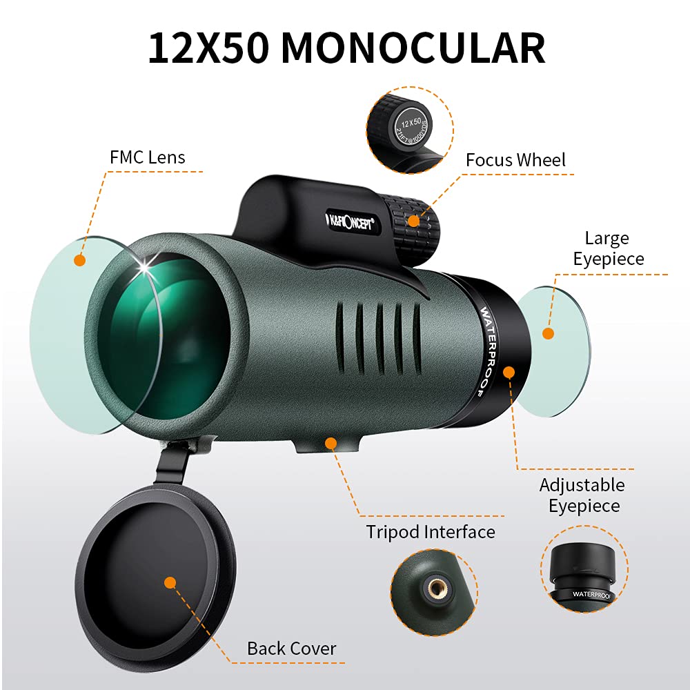 K&F Concept HD 12X50 Monocular Telescope for Smartphone, High Power Monoculars for Adults, BAK4 Prism IP68 Waterproof Compact Monocular Scope for Bird Watching Hunting with Phone Holder & Hand Strap