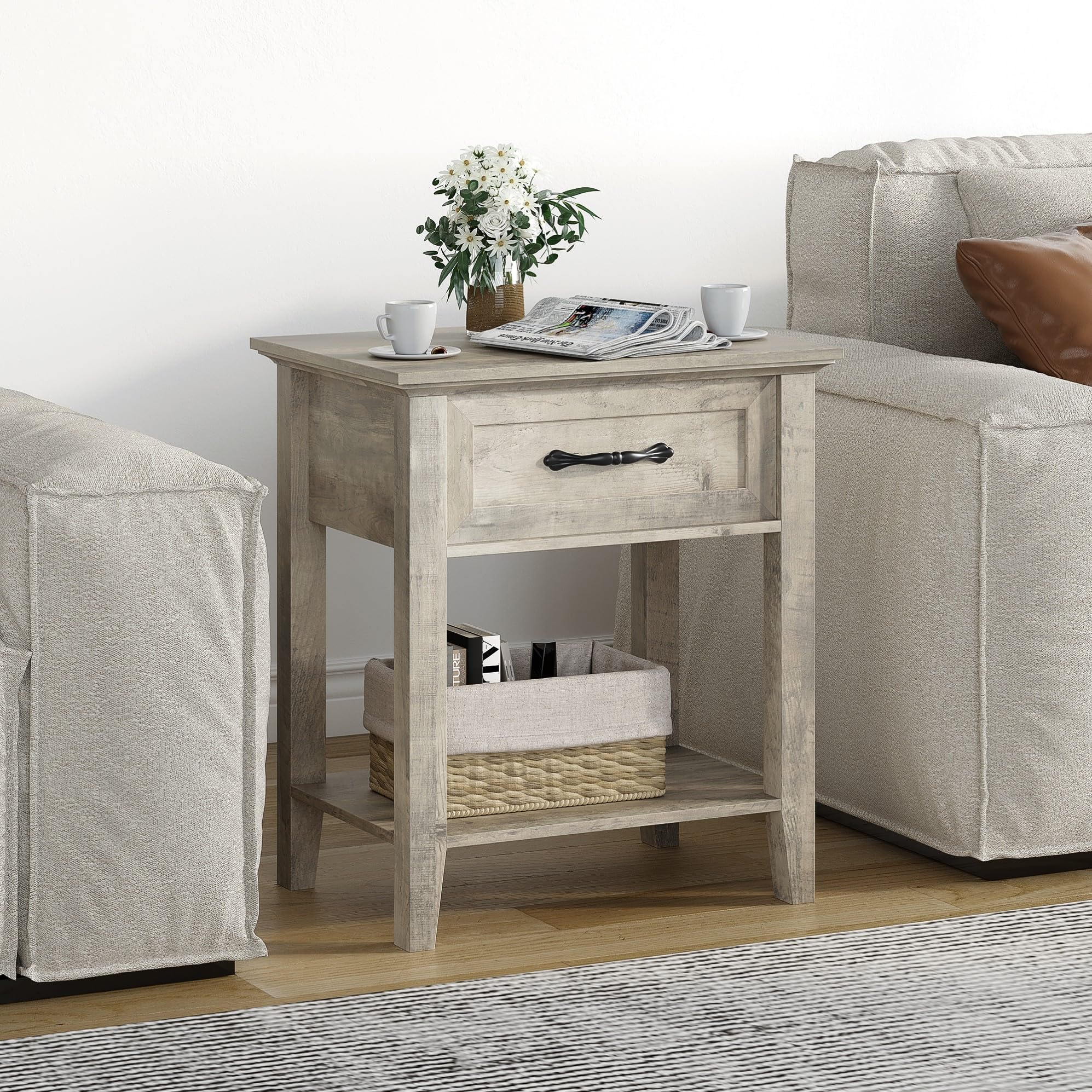 IDEALHOUSE Set of 2 Nightstands, End Side Tables Living Room with Drawer, Industrial Design, Night Stands with Shelf, Bedside Tables for Bedroom, Dorm (Grey(2 Pack))