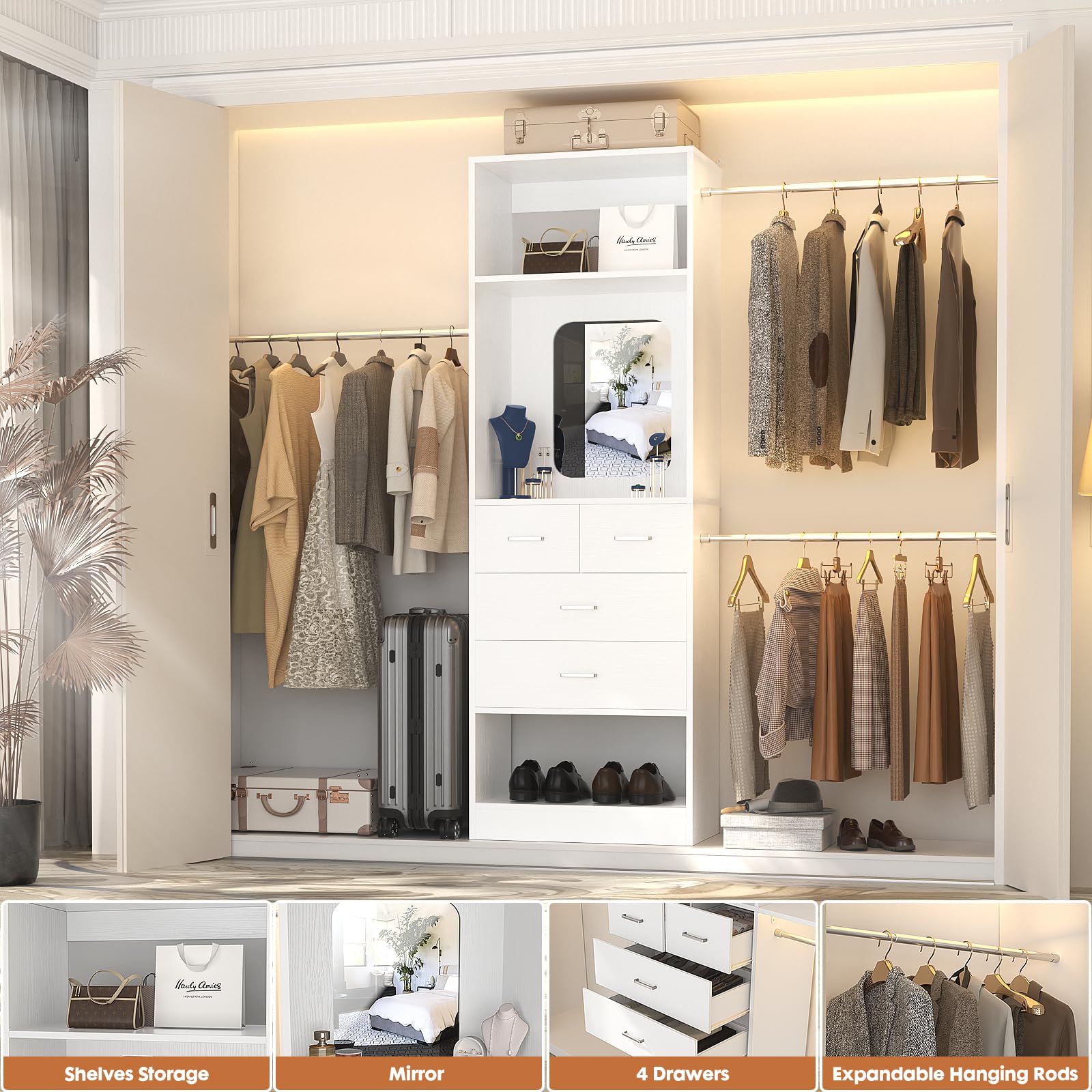 Unikito 48" W - 96” W Closet Organizer, 8FT Walk in Closet System Starter Kit with 25” Tower and 3 Extendable Hanging Rods, Sturdy Wood Garment Rack with 4 Drawers and Mirror, Max Load 1000 LBS, White