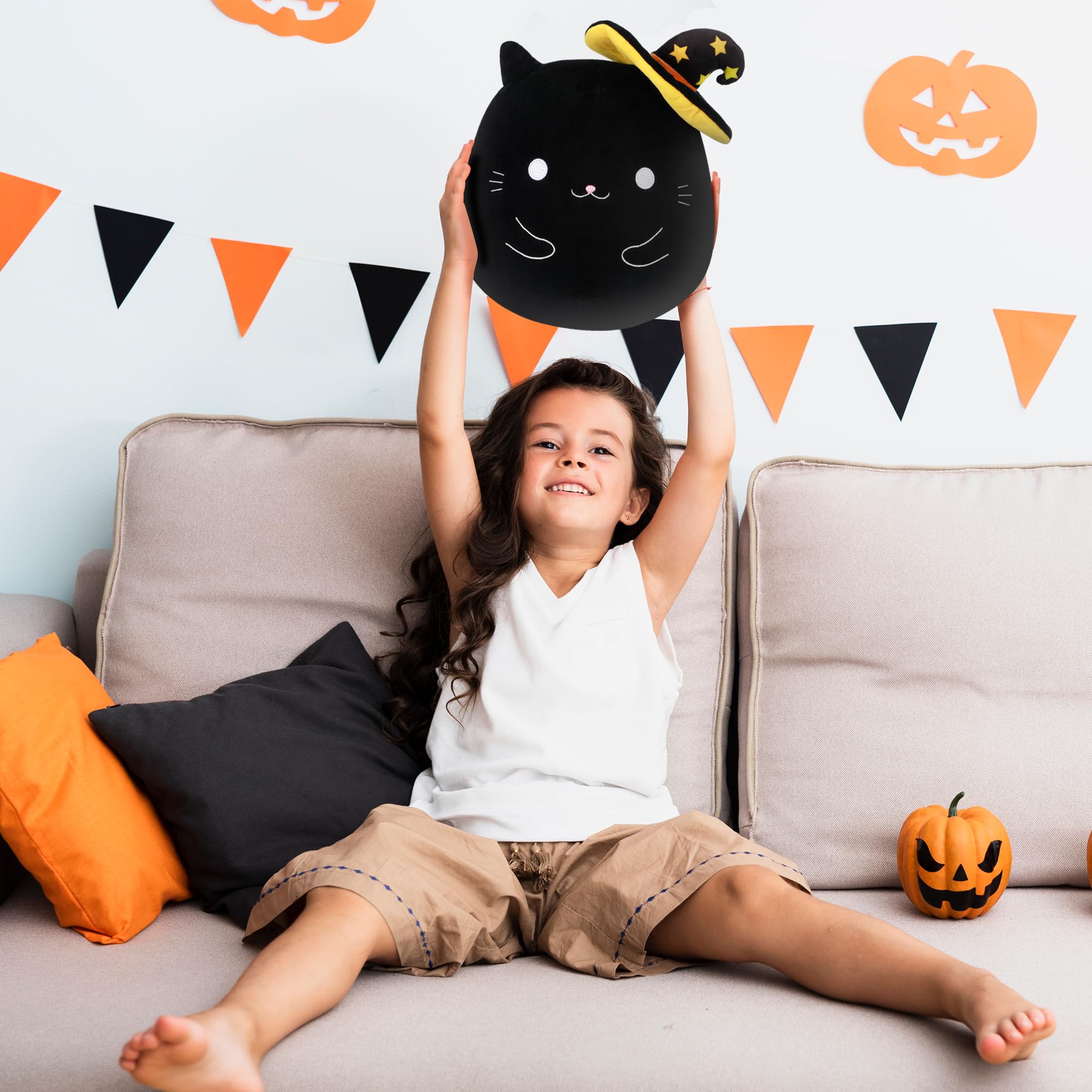 YIIQUWEN Black Cat Plush Cute Stuffed Animals Soft Pillow Halloween, Birthday Gift for Girls Boys Kids 9.0 inch