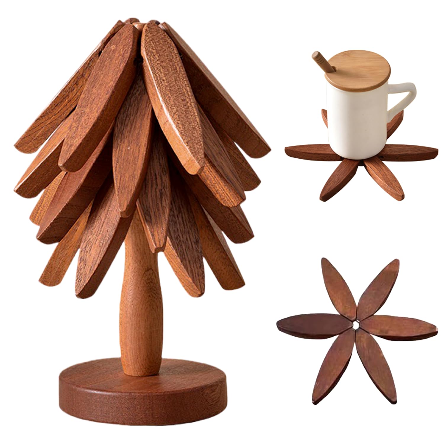 Wooden Trivets for Hot Dishes, Tree Shape Trivet Set,Trivets for Hot Dishes - 4 Wooden Trivets + 1 Stand stored Like a Christmas Tree (Walnut Wood)
