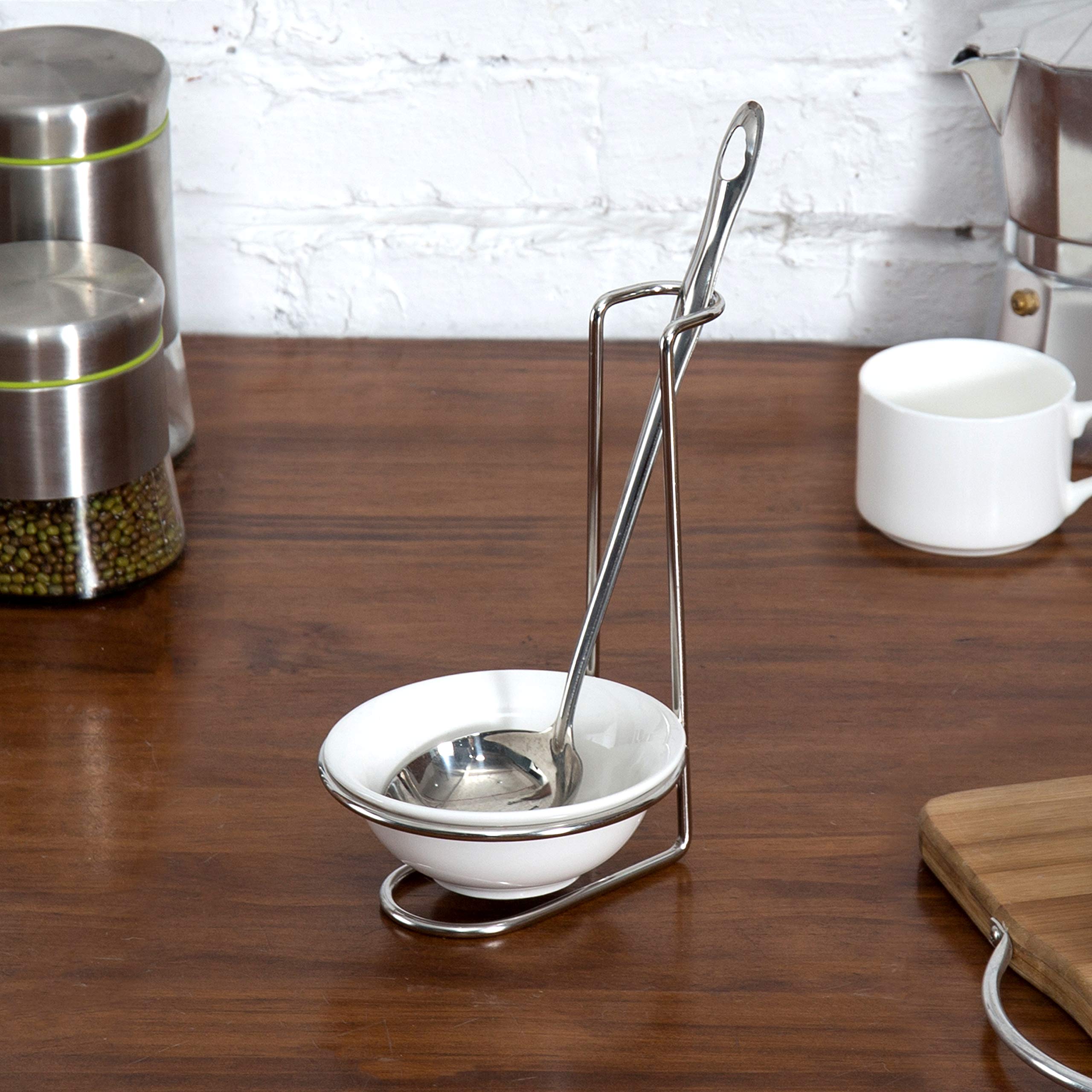 MyGift White Ceramic Ladle Holder Spoon Rest, Upright Single Cooking Utensil Holder, Vertical Drip Catcher Dish with Stainless Steel Stand for Kitchen Counter