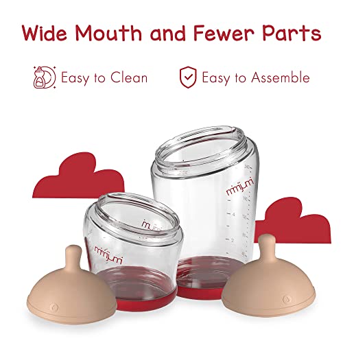 mimijumi Baby Bottle Starter Set (6 pcs.) Anti-Colic Baby Bottles for Breastfed Babies - 4 oz and 8 oz Breastfeeding Bottles, Bottle Travel Caps - Lighter and Darker Bottle Nipples (Lighter)