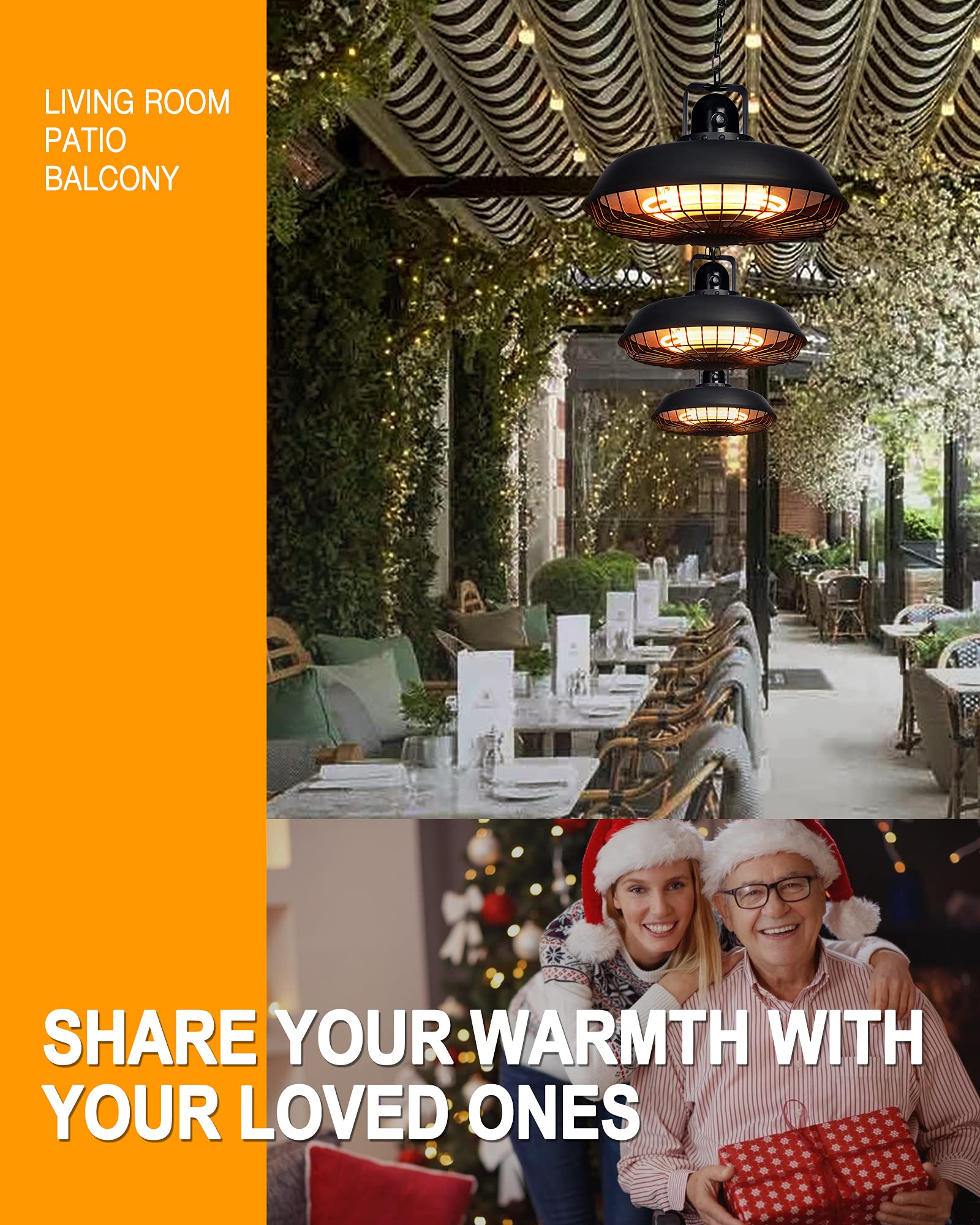 Star Patio Electric Patio Heater, Outdoor Ceiling Heater With Remote Control & Touch Switch, 700/800/1500W Hanging Patio Heater With UFO Shape Sandy Black, Infrared Heater, IP44 Waterproof, STP2036-B