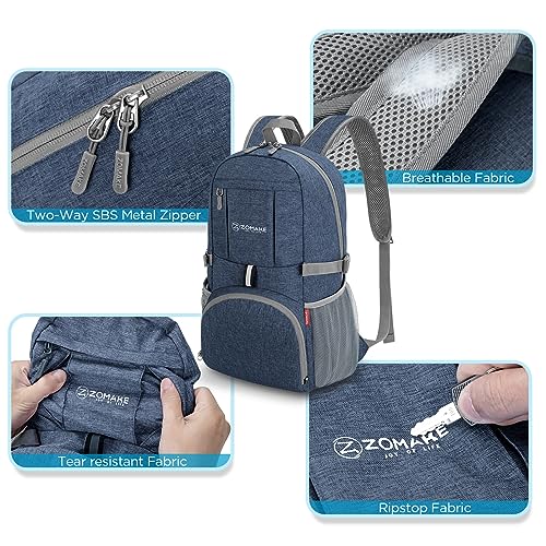 ZOMAKE Lightweight Packable Backpack 25L - Small Foldable Hiking Daypack for Travel - Tear Resistant Day pack for Women Men Camping Outdoor Sports(Navy Blue)