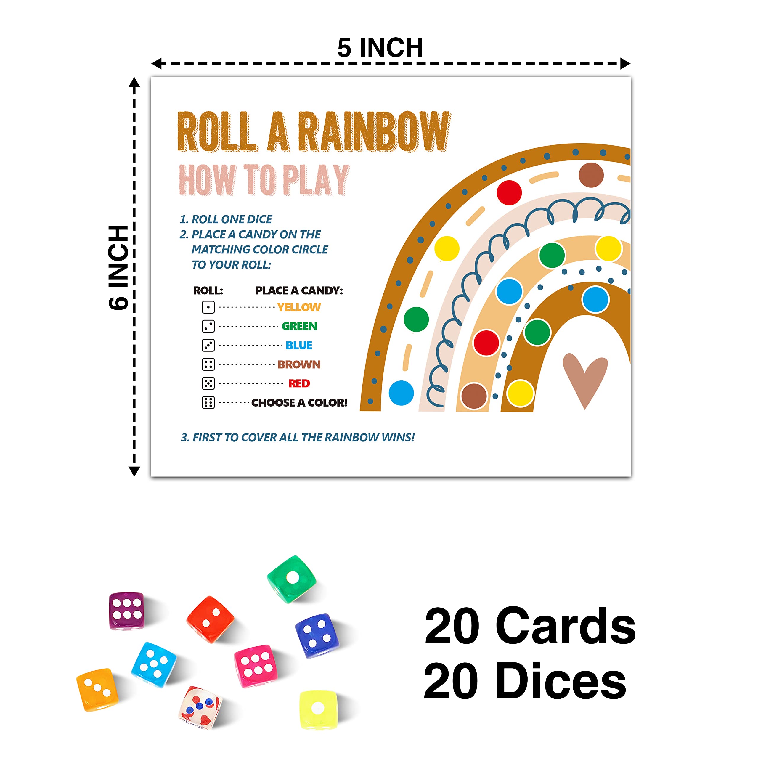 Roll The Dice Game, Baby Shower and Birthday Party Kids Table Game, Roll A Rainbow, 20 Play Cards 20 Colored Dices (ONE-b05)