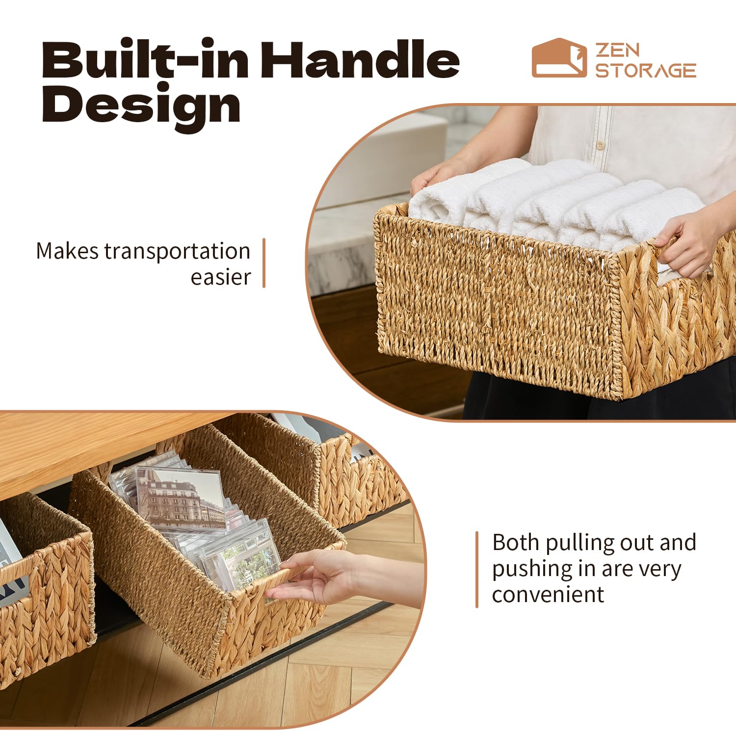 Wicker Storage Basket with Built-in Handle, Water Hyacinth Storage Basket for Shelf/Cabinet, Square Wicker Basket for Towel/Book/Magazine/Toy/Blanket/DVD, Set of 2, Large and Small