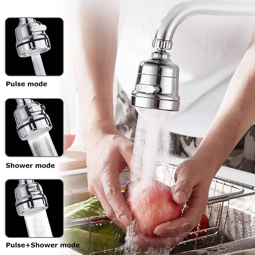 Laecabv Movable Kitchen Faucet Aerator 3 Modes 360° Rotatable Faucet Sprayer Head Replacement Anti -Splash Tap Booster Shower and Water Saving Faucet for Kitchen (Pulse, Shower + Pulse, Shower)