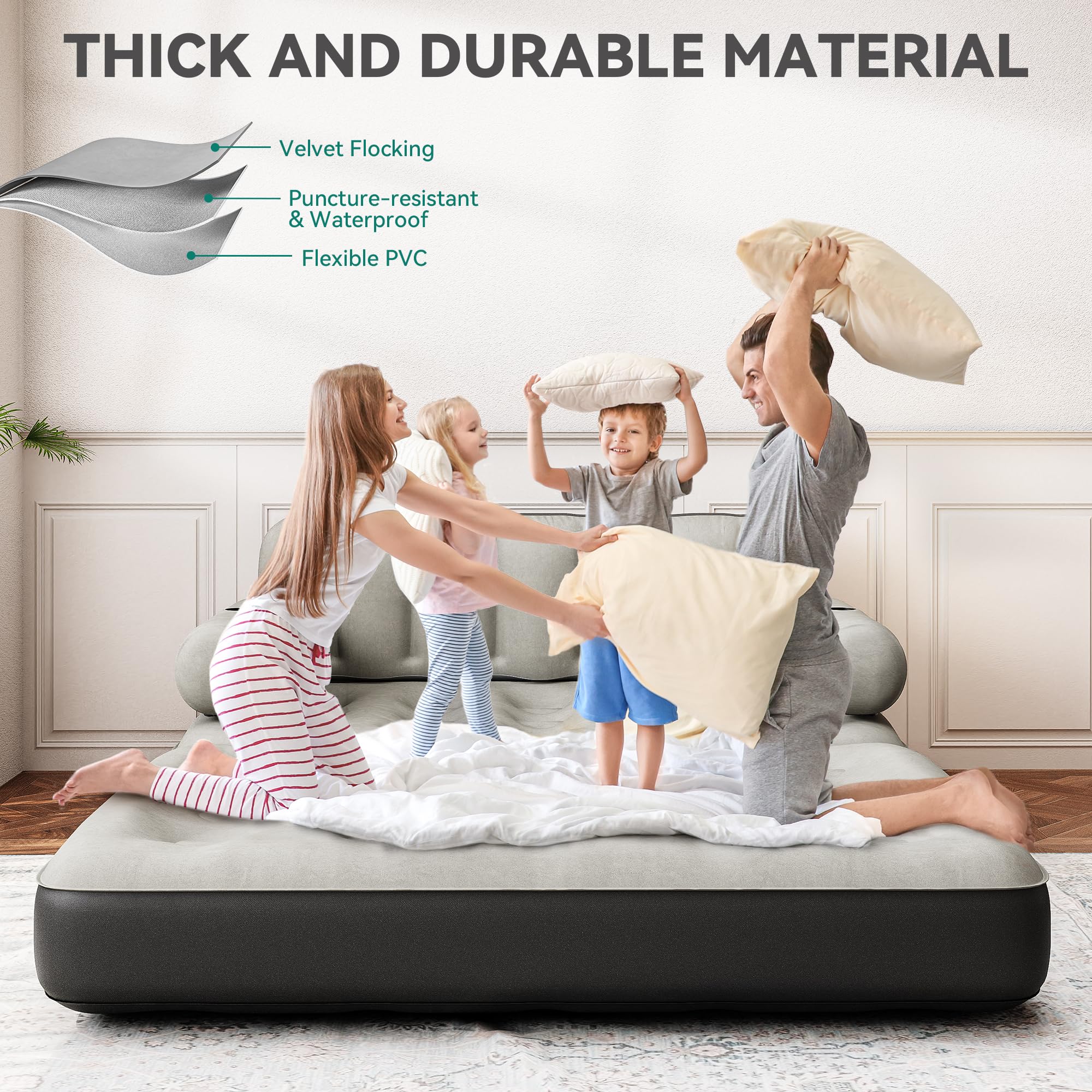 YITAHOME 18'' Flocked Top Queen Air Mattress with External Pump and Headboard, Durable Inflatable Bed, Blow-Up Mattress for Indoor and Outdoor Use, Black