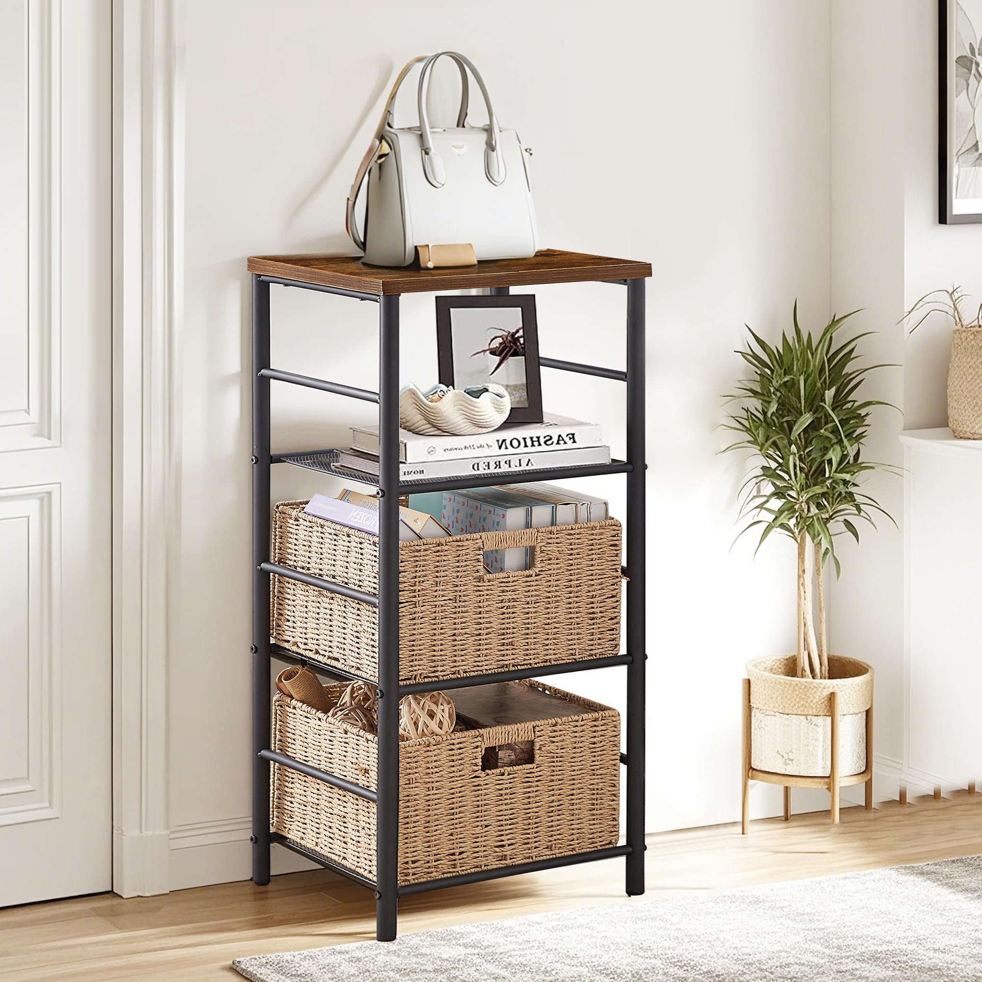 VECELO Tall Side Table, 3-Tier Telephone Stand with Storage Shelf and Baskets, High Nightstand for Small Space, Living Room, Bedroom, Office, Brown