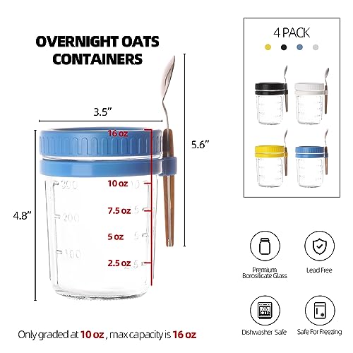 Tecbeauty 4 Pack Overnight Oats Containers with Lids and Spoons, 16 Oz Glass Mason Jars for Cereal, Milk, Vegetable and fruit Salad Oatmeal Container with Measurement Marks