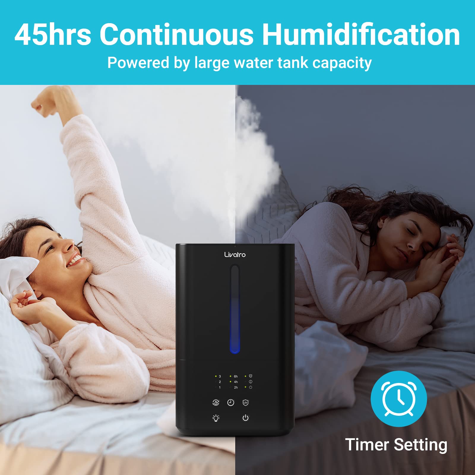 Livatro 4.5L Top Fill Humidifiers for Bedroom Large Room Home, Cool Mist Air Diffuser with Essential Oil Tray, Ultrasonic Quiet and Night Light, Timer, Auto-Shut Off, Black