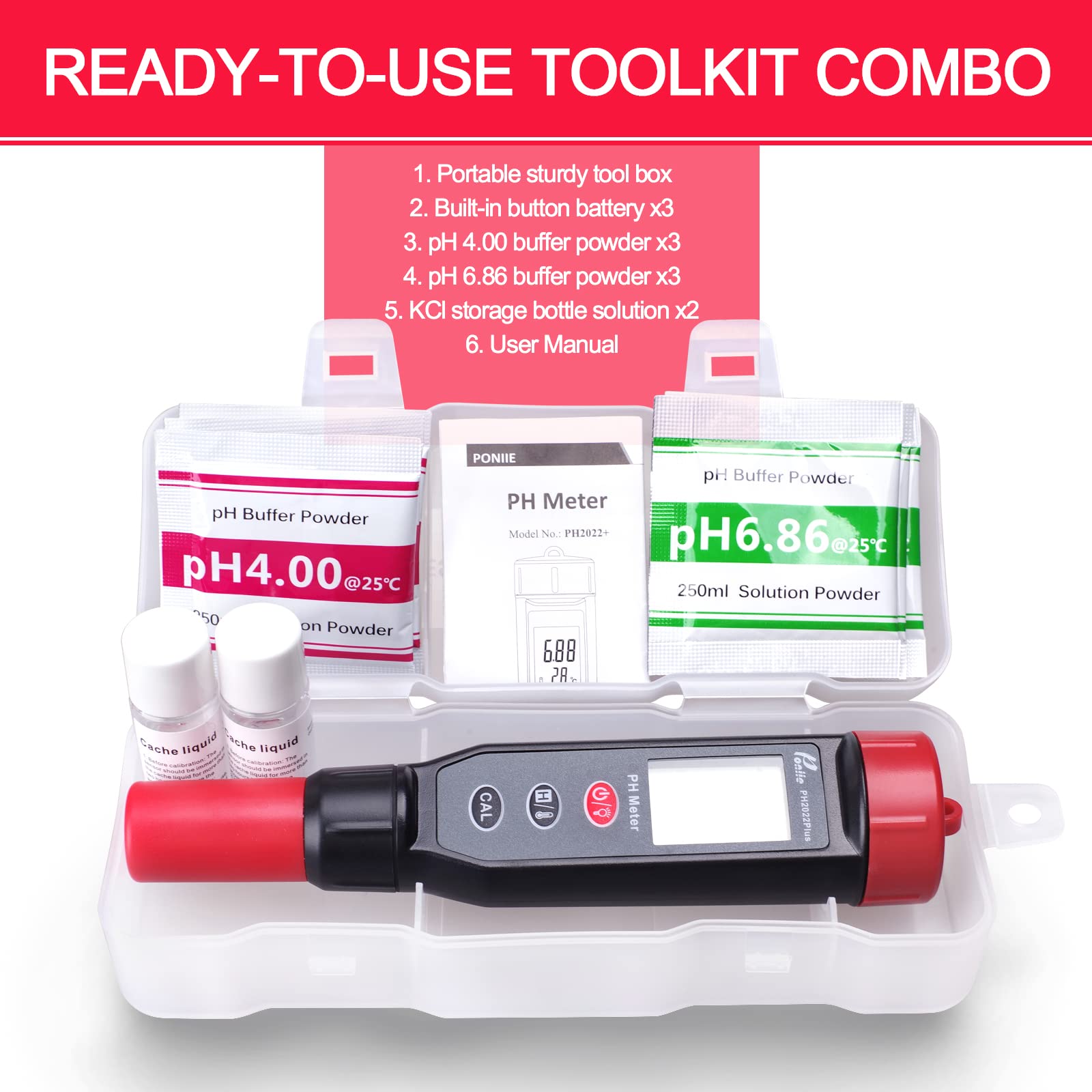 Poniie PH2022Plus Waterproof Digital PH Meter for Water Hydroponics Food Brewing w/Portable Toolkit Combo, 0.01 Resolution