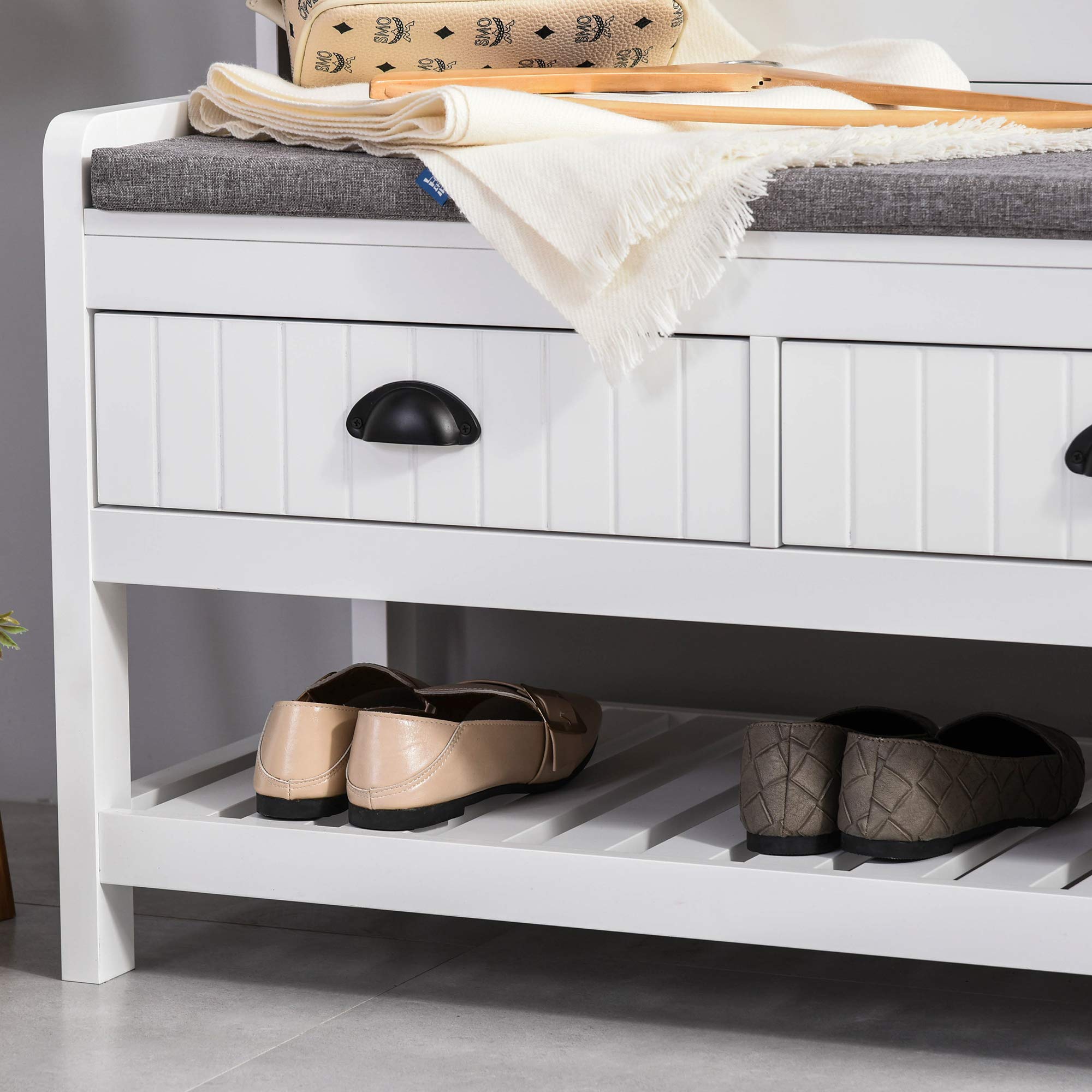 HOMCOM 3-in-1 Hall Tree, Entryway Bench with Coat Rack, Mudroom Bench with Shoe Rack, 2 Storage Drawers, 4 Hooks and Padded Seat Cushions for Hallway, White
