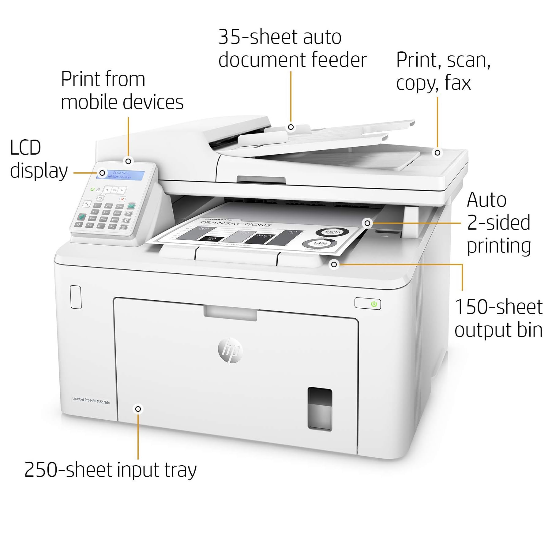 HP Laserjet Pro MFP M227fdn All-in-One NFC Ethernet Wired Monochrome Laser Printer - Print Scan Copy Fax - 30 ppm, 1200 x 1200 dpi, Auto Duplex Printing, 35-Sheet ADF, Cbmou Printer Cable