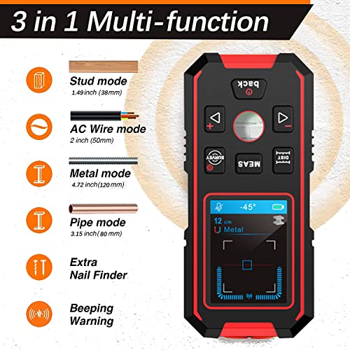 NOYAFA NF-518S Wall Scanner Stud Sensor 3IN1 Stud Detector Beam Detector Laser Rangefinder Digital Level Meter Tape Measure for Metal, Wood, Joists, AC Cord Rechargeable, Voice Annunciation