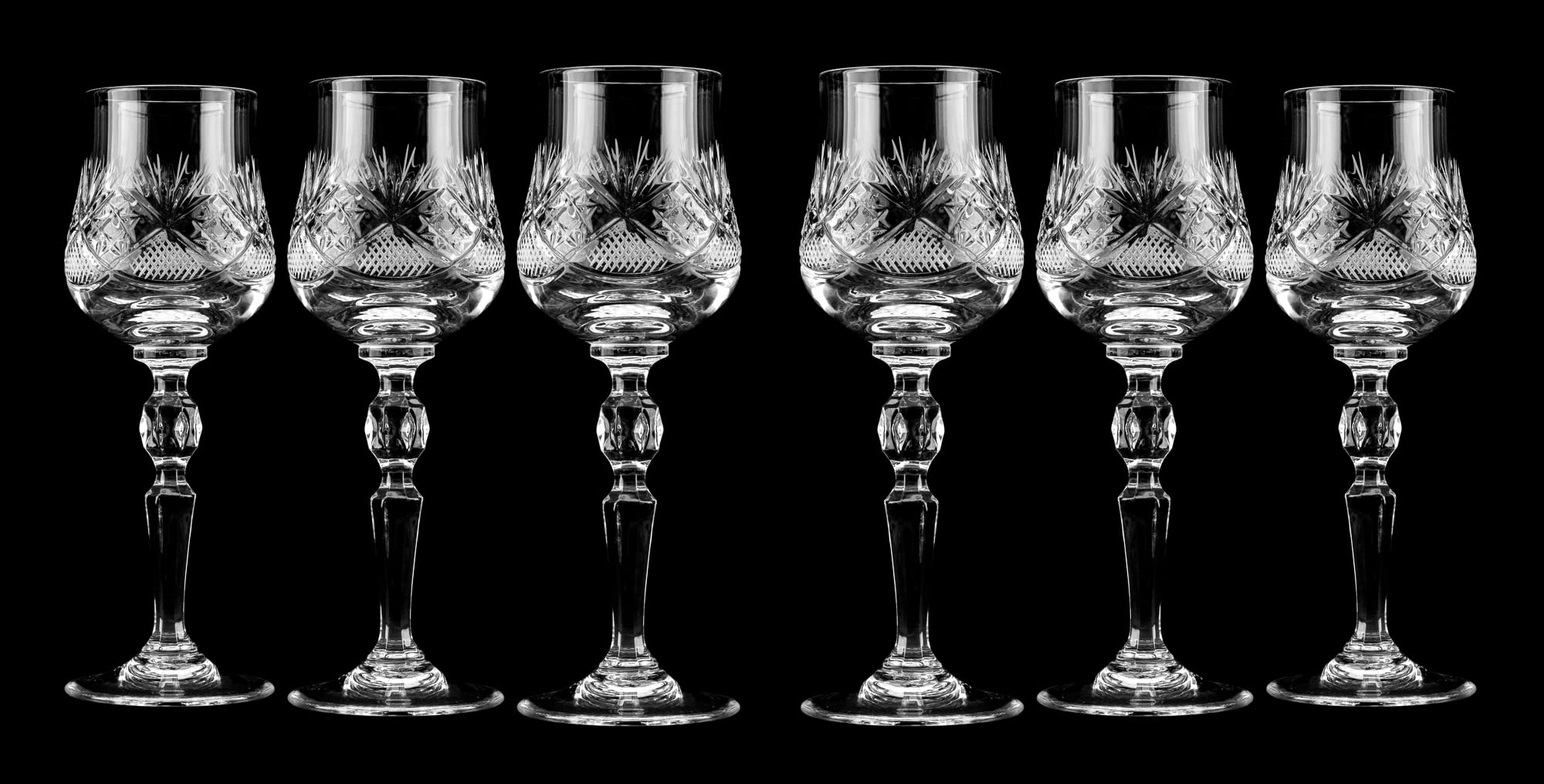 Neman Set of 6 Russian Cut Crystal Shot Glasses 2-Oz. Hand Made Vodka or Liquor Stemmed Vintage Glassware